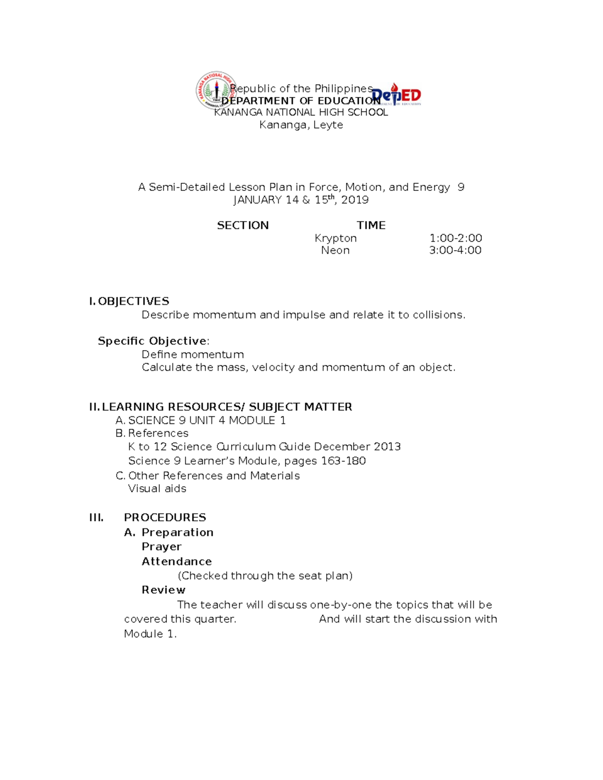 Jan.14 and 15, 2019-LP - Science Lesson Plan - Republic of the ...