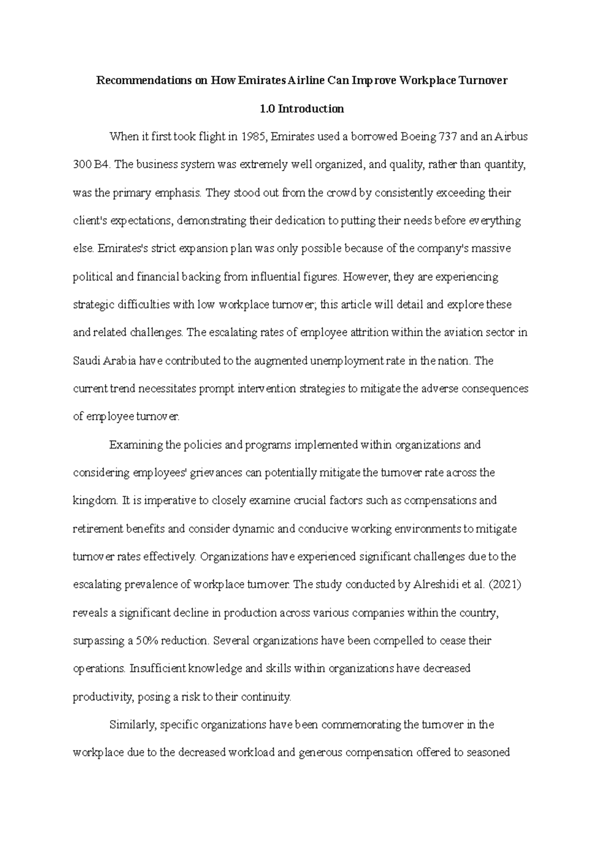 Recommendations on How Emirates Airline Can Improve Workplace Turnover ...