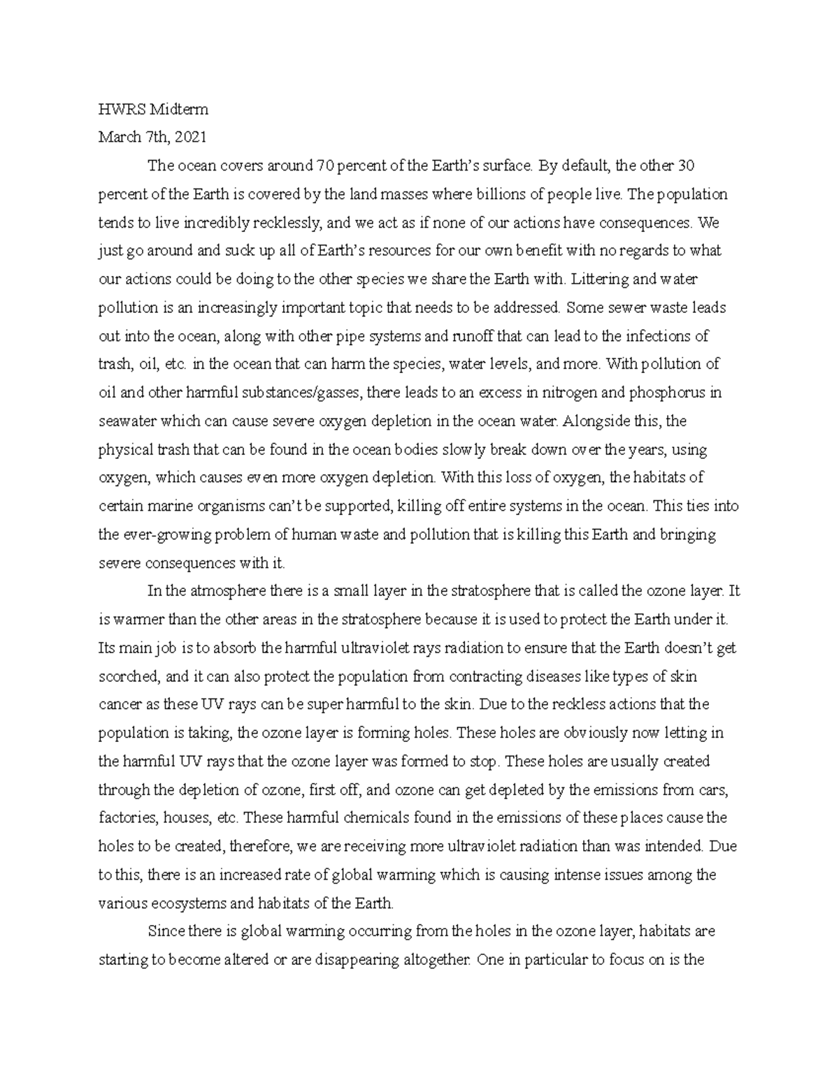 HWRS 170 Midterm Essay - HWRS Midterm March 7th, 2021 The ocean covers ...