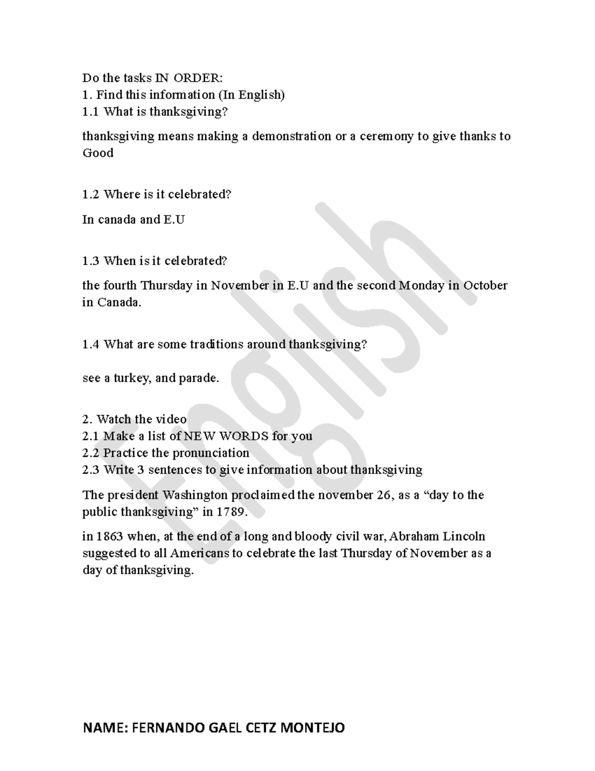 Thanksgiving CETZ F - traducción de acción de gracias - Do the tasks IN ...