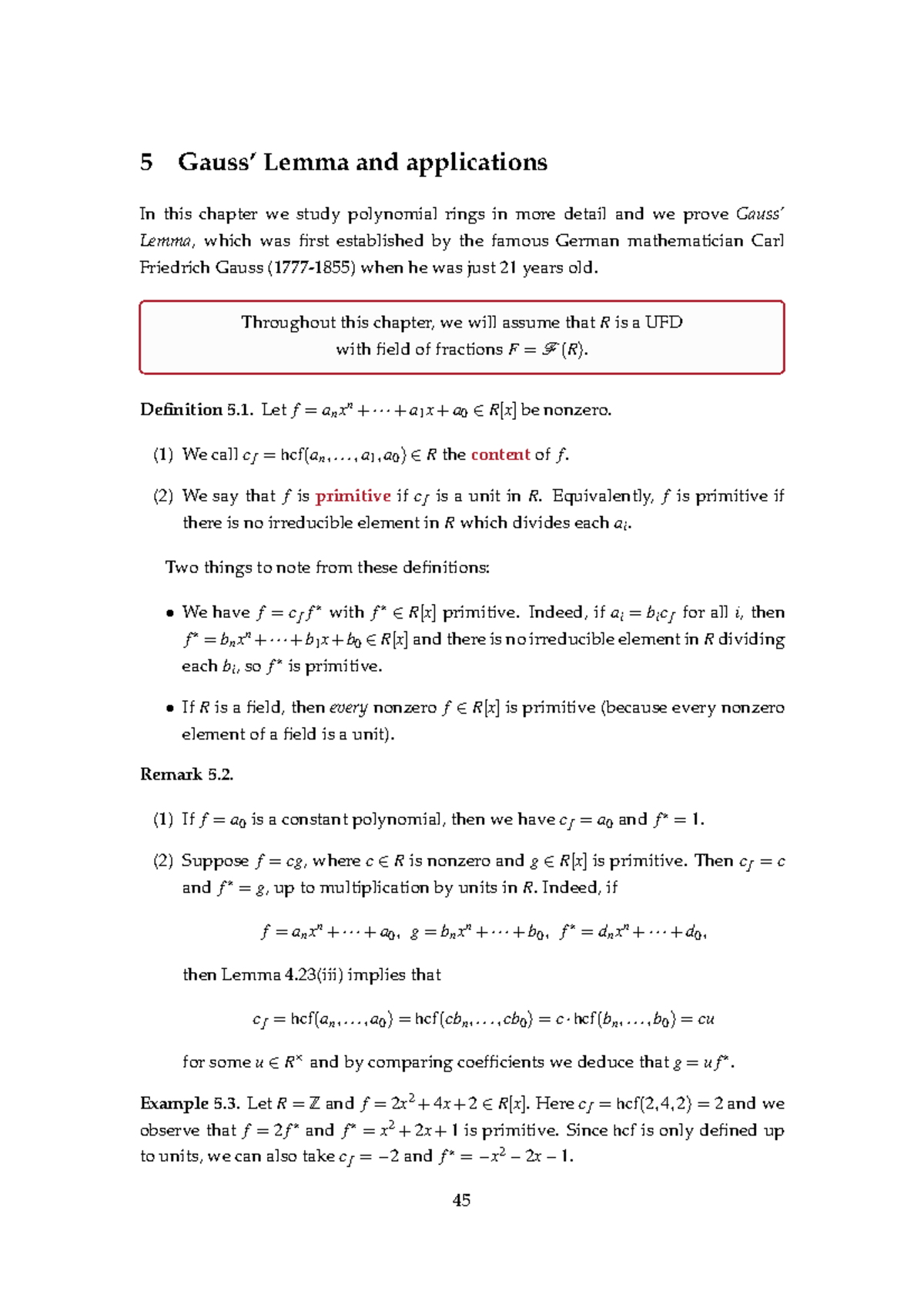 Lecture notes part 2 - n/a - 5 Gauss’ Lemma and applications In this ...