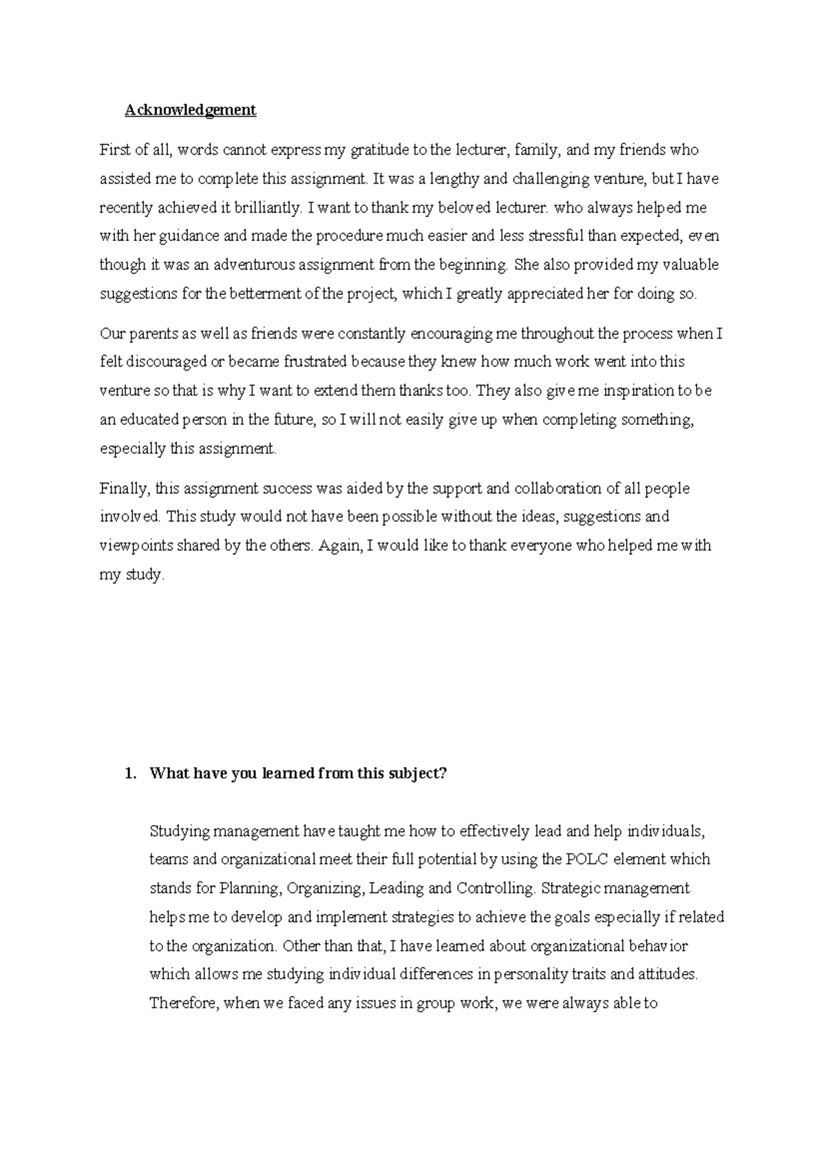 MGT Individual - mgt - Acknowledgement First of all, words cannot ...