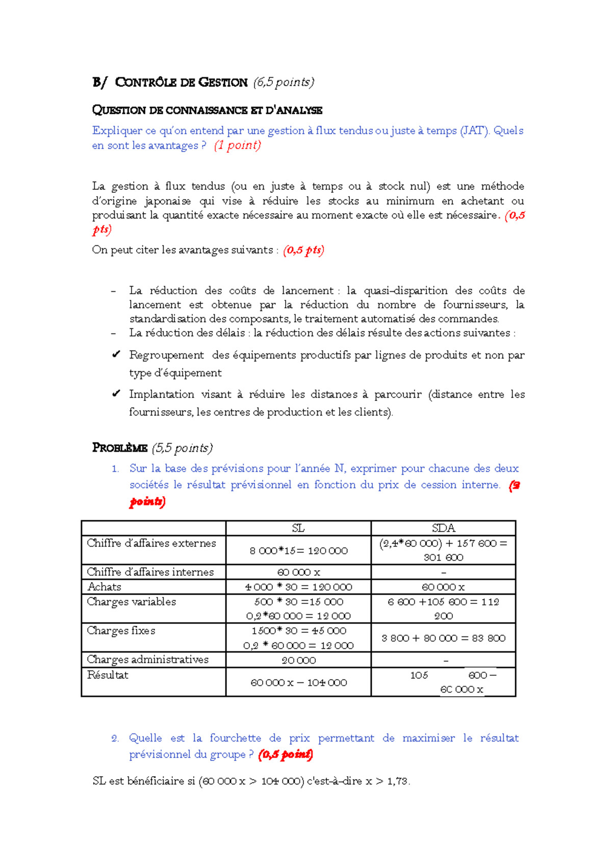 Cas-pratique-pple2014 corrigé - B/ CONTRÔLE DE GESTION (6,5 points) QUESTION DE CONNAISSANCE ET ...