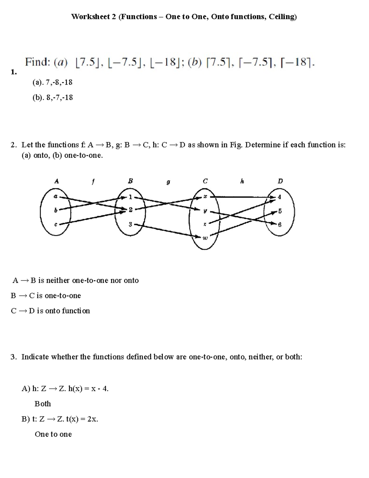 Worksheet Functions 2 Oneto One Onto Worksheet 2 Functions One To