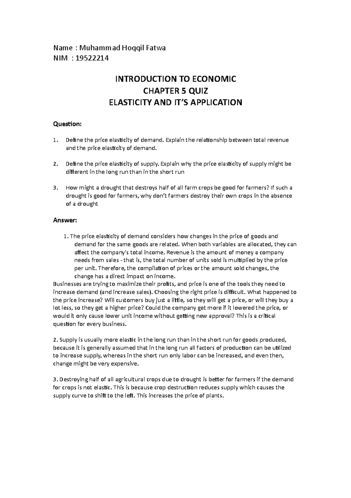 Introduction to Economic Chapter 5 Quiz - Name : Muhammad Hoqqil Fatwa ...