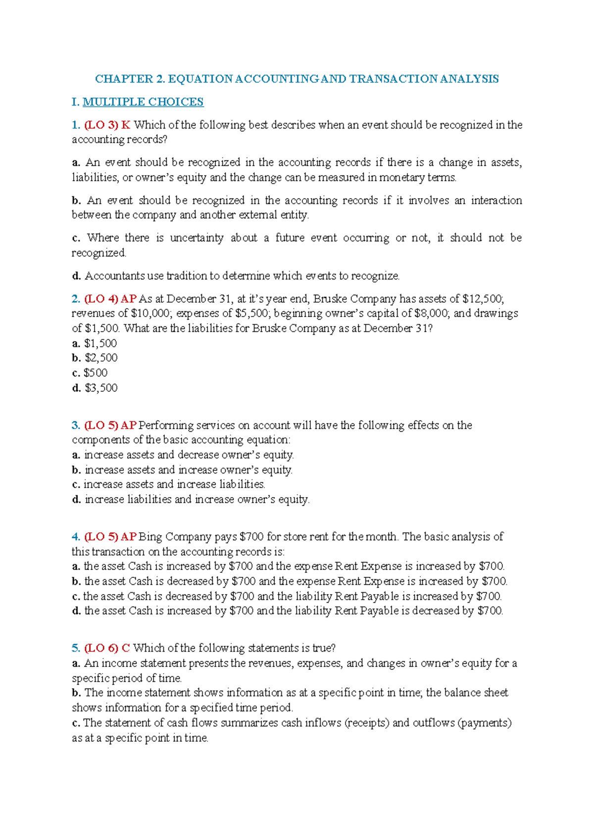 Chapter 2 Excercise - CHAPTER 2. EQUATION ACCOUNTING AND TRANSACTION ...