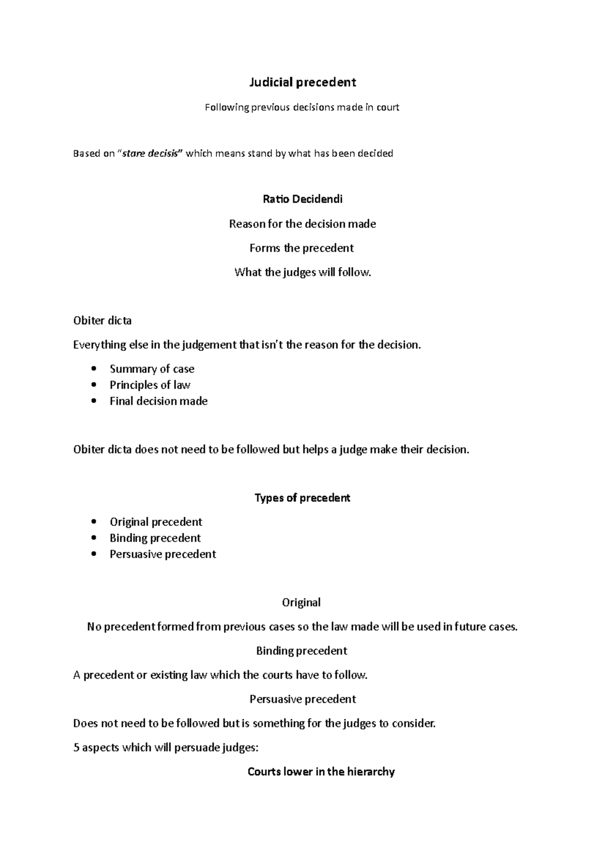 Judicial precedent - Revision notes - Judicial precedent Following ...