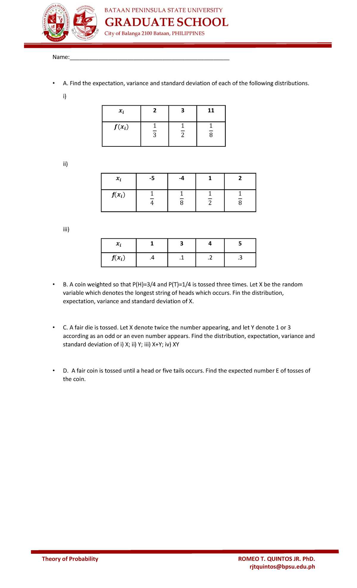 Random variable - , Theory of Probability ROMEO T. QUINTOS JR. PhD. rjtquintos@bpsu.edu BATAAN ...