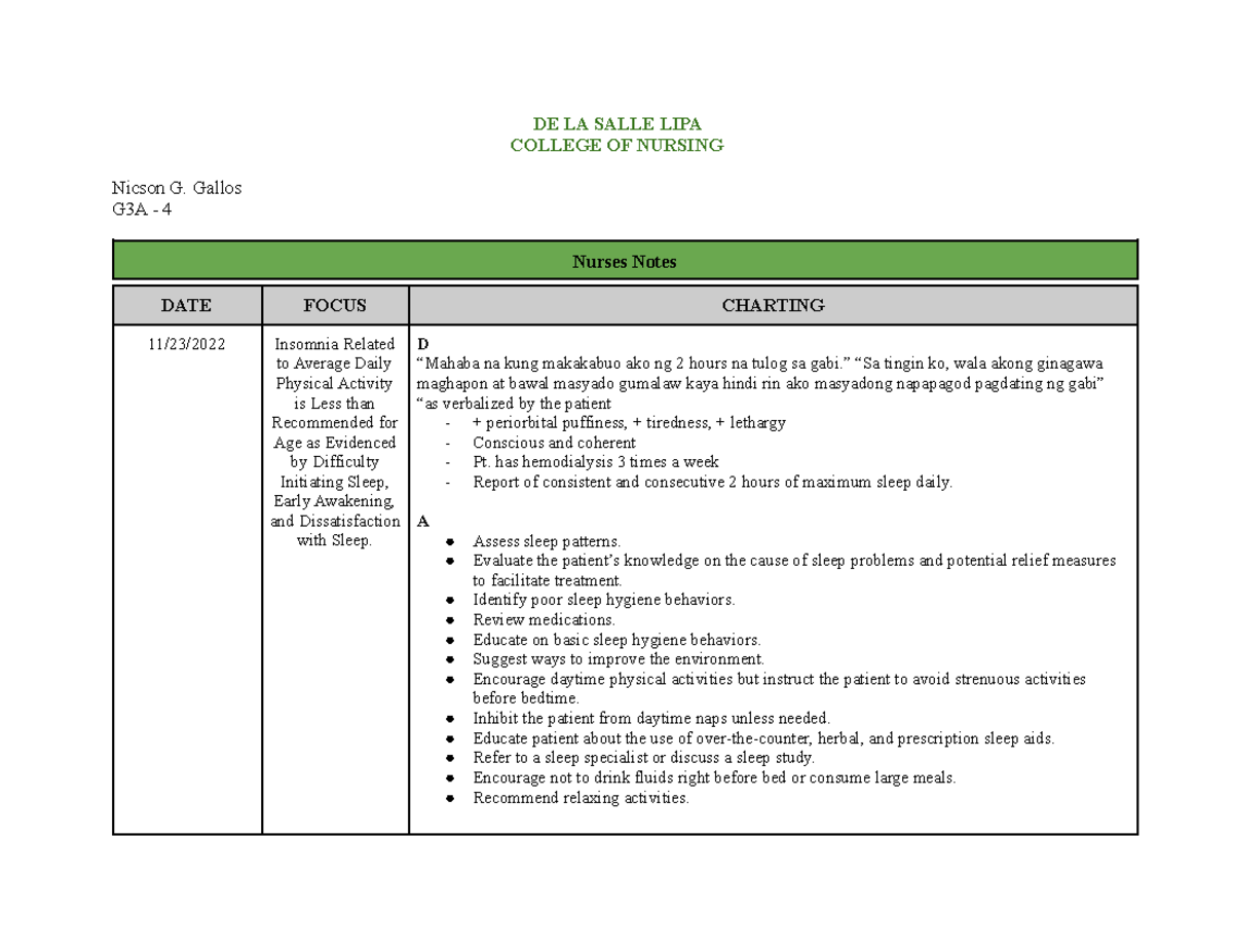 FDAR for Insomnia Related to Average Daily Physical Activity - DE LA ...