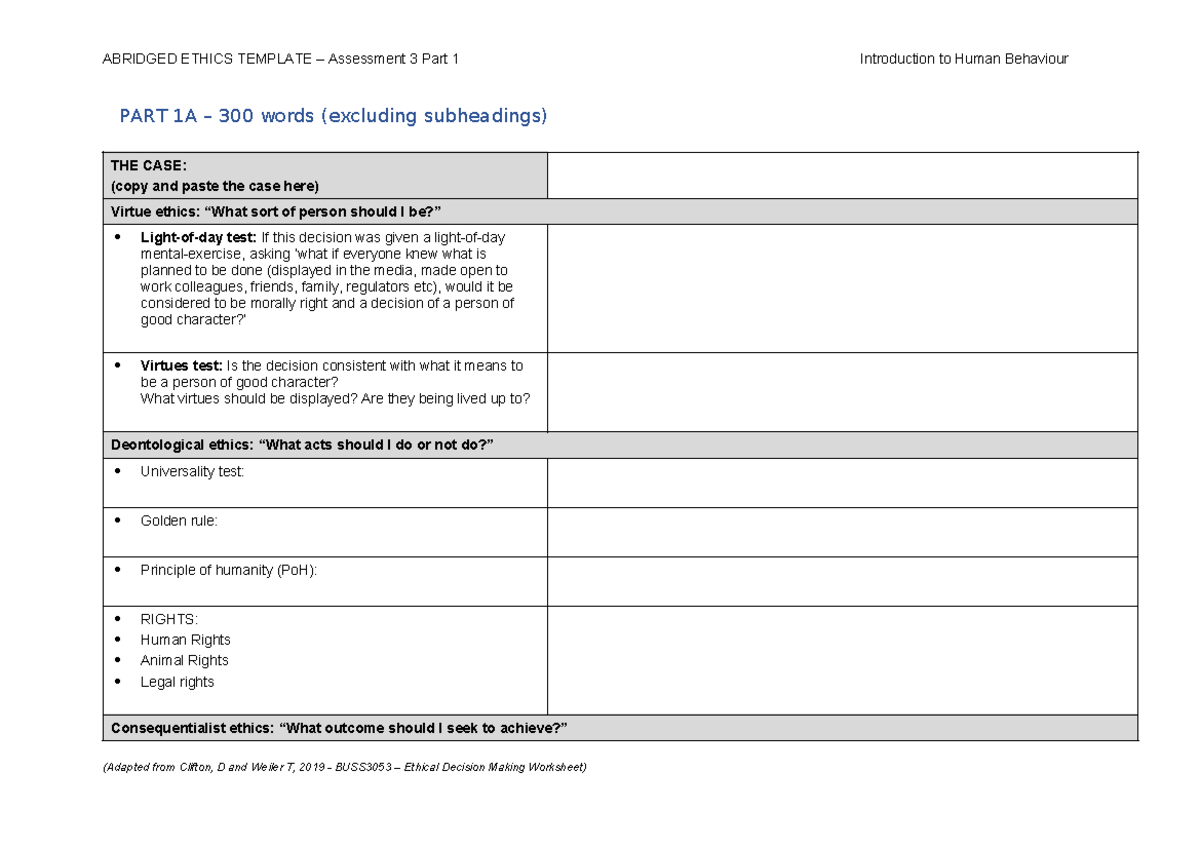 PART 1 - Human Behaviour - ABRIDGED ETHICS TEMPLATE – Assessment 3 Part ...