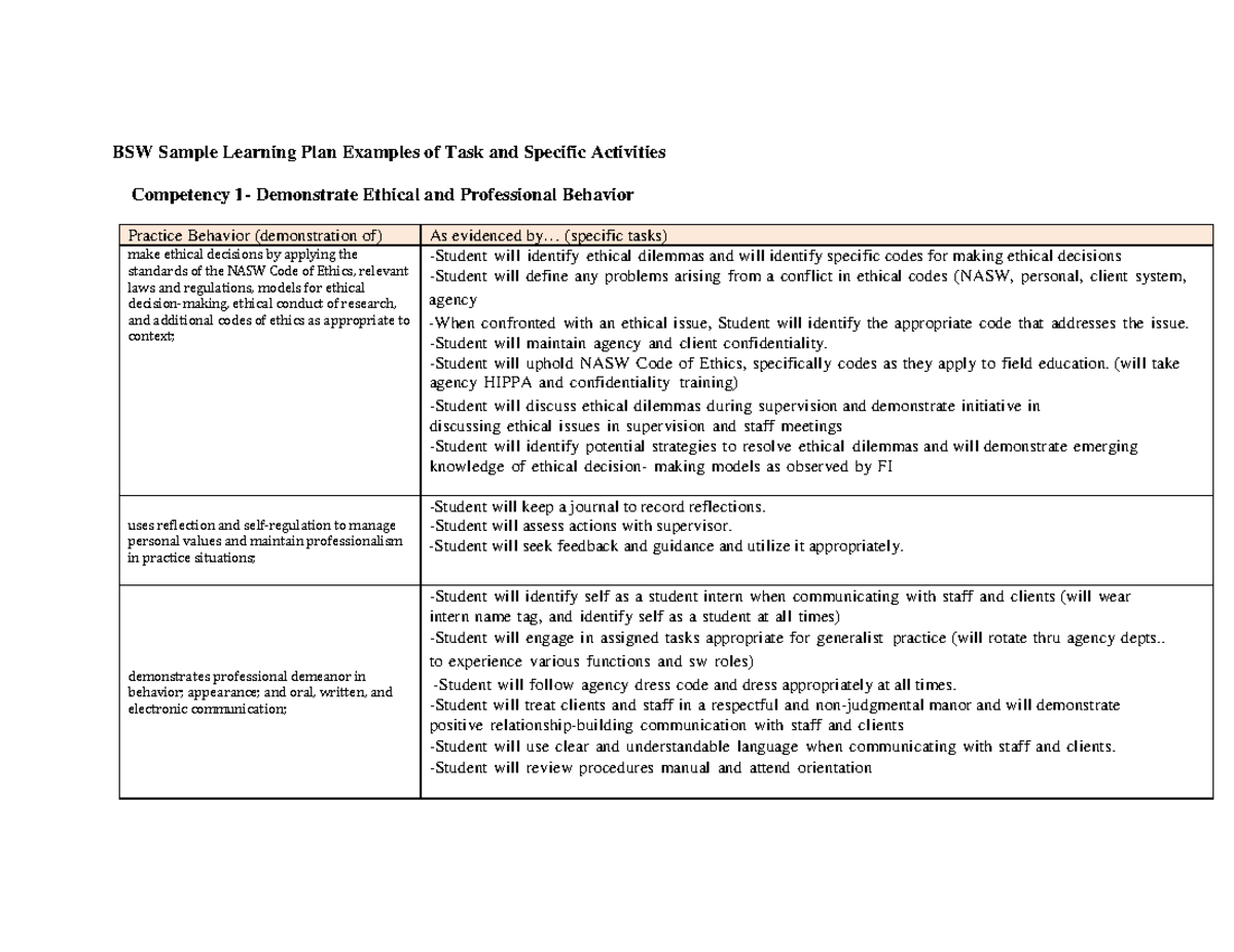 Fieldlearningplanexample - BSW Sample Learning Plan Examples of Task ...