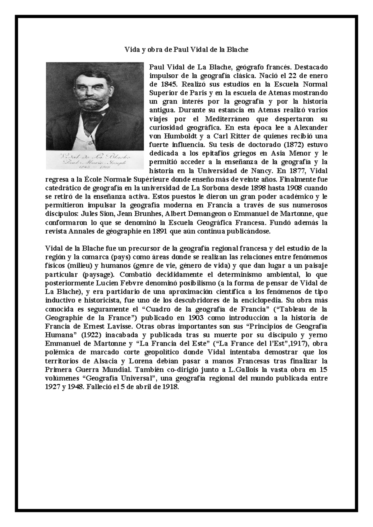 Vida y obra de Paul Vidal de la Blache - Destacado impulsor de la ...