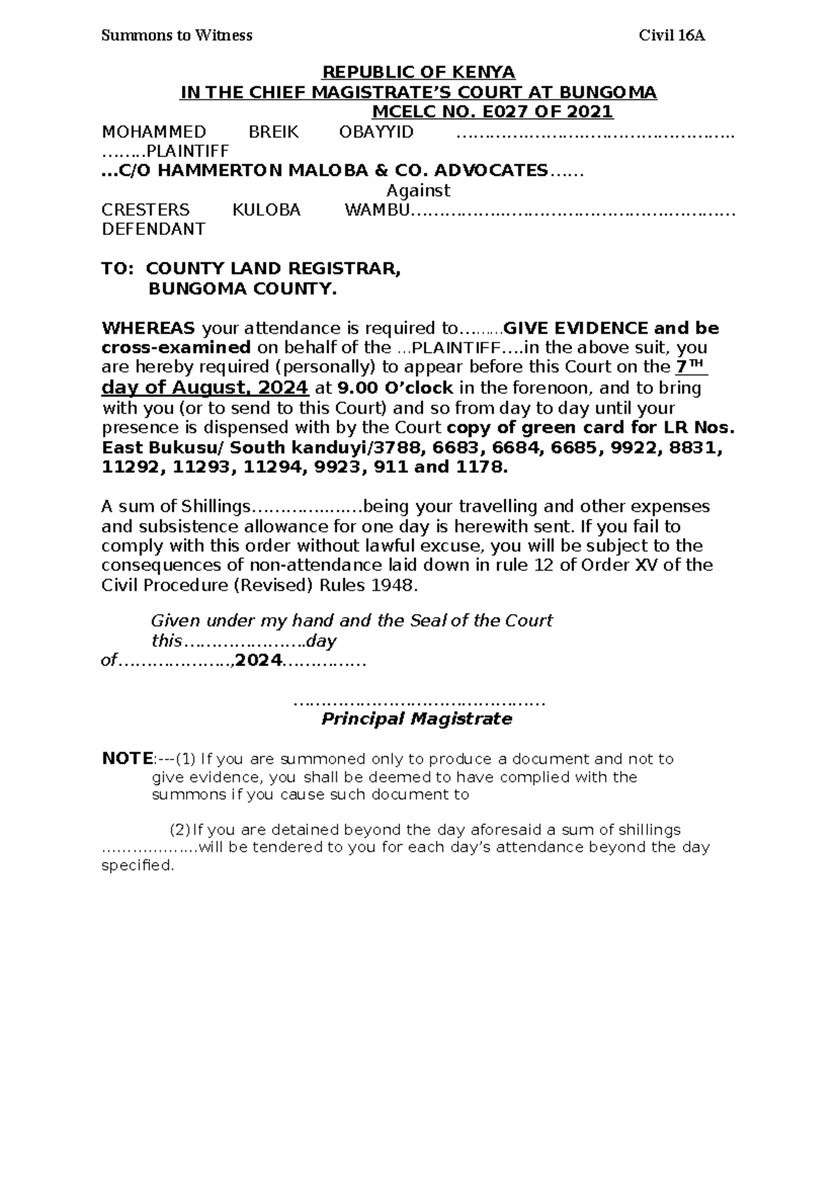 Summons to Witness mohamed breikh - Summons to Witness Civil 16A ...