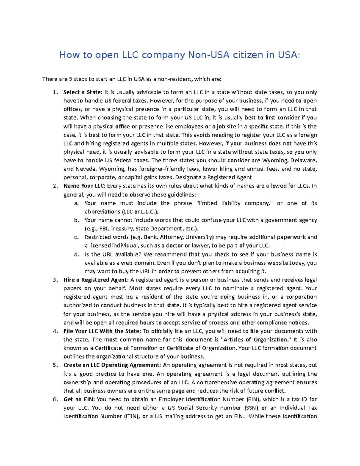 How to open LLC company Non-USA citizen in USA - However, for the ...