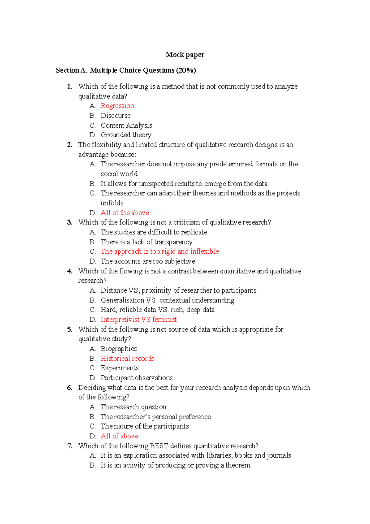 Mock Exam Paper solution - Mock paper Section A. Multiple Choice ...