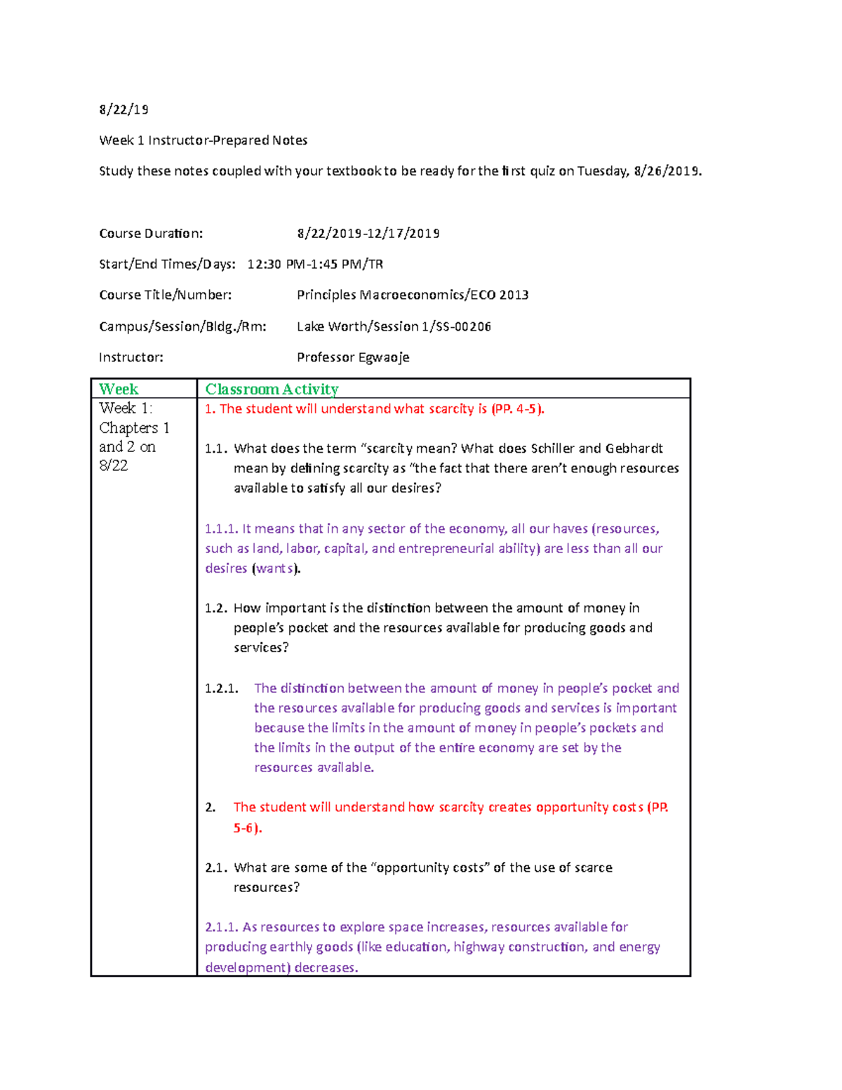 Week 1 Professor Egwaoje's-Prepared Notes - 8/22/ Week 1 Instructor ...