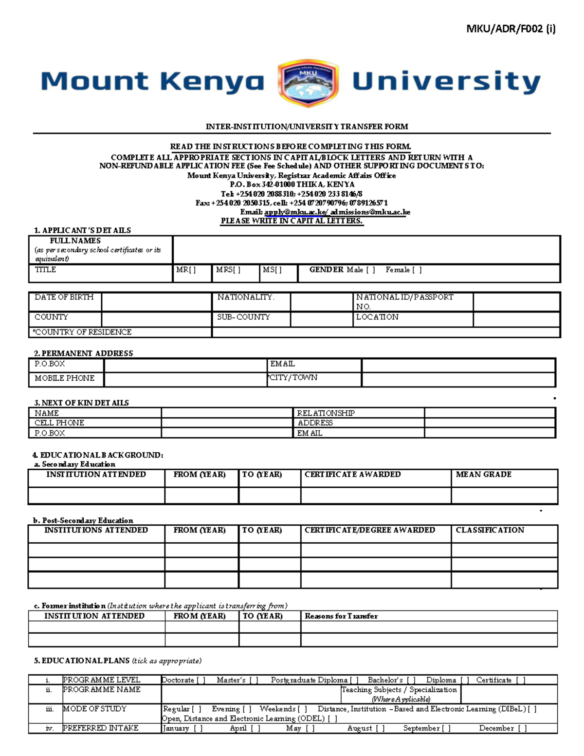 MKU- Inter- Institution- Transfer-FORM- Revised-MAY-2021 - MKU/ADR/F002 (i) - Studocu