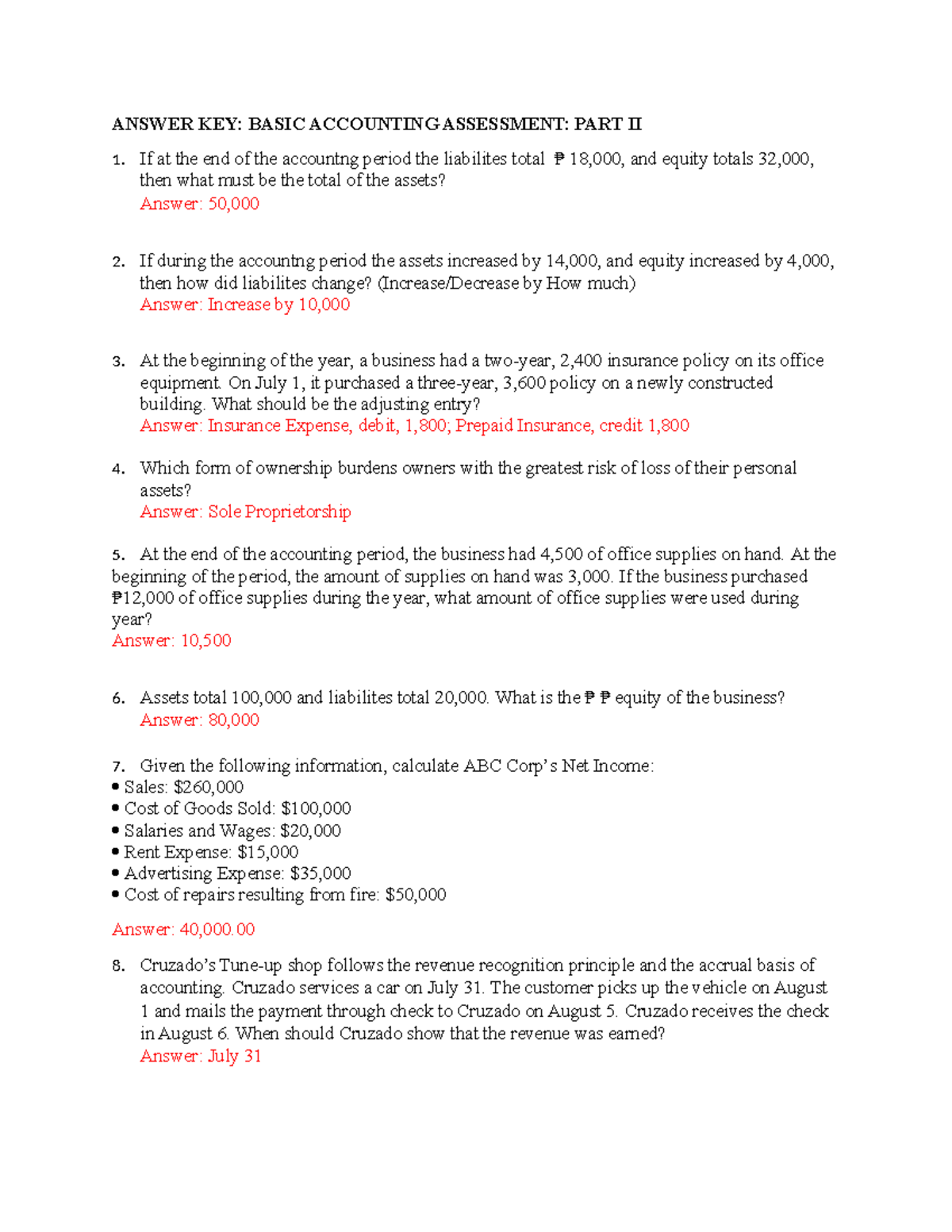 Answer Key Assessment 1 Part II - ANSWER KEY: BASIC ACCOUNTING ...