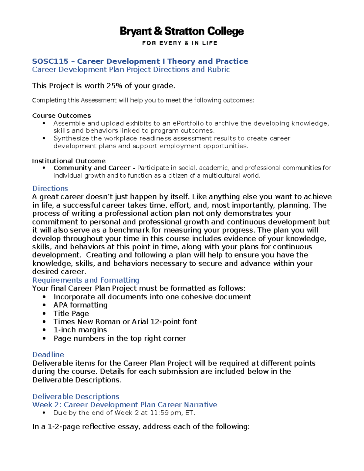 SOSC115 Career Plan Project Directions and Rubric - SOSC115 – Career ...