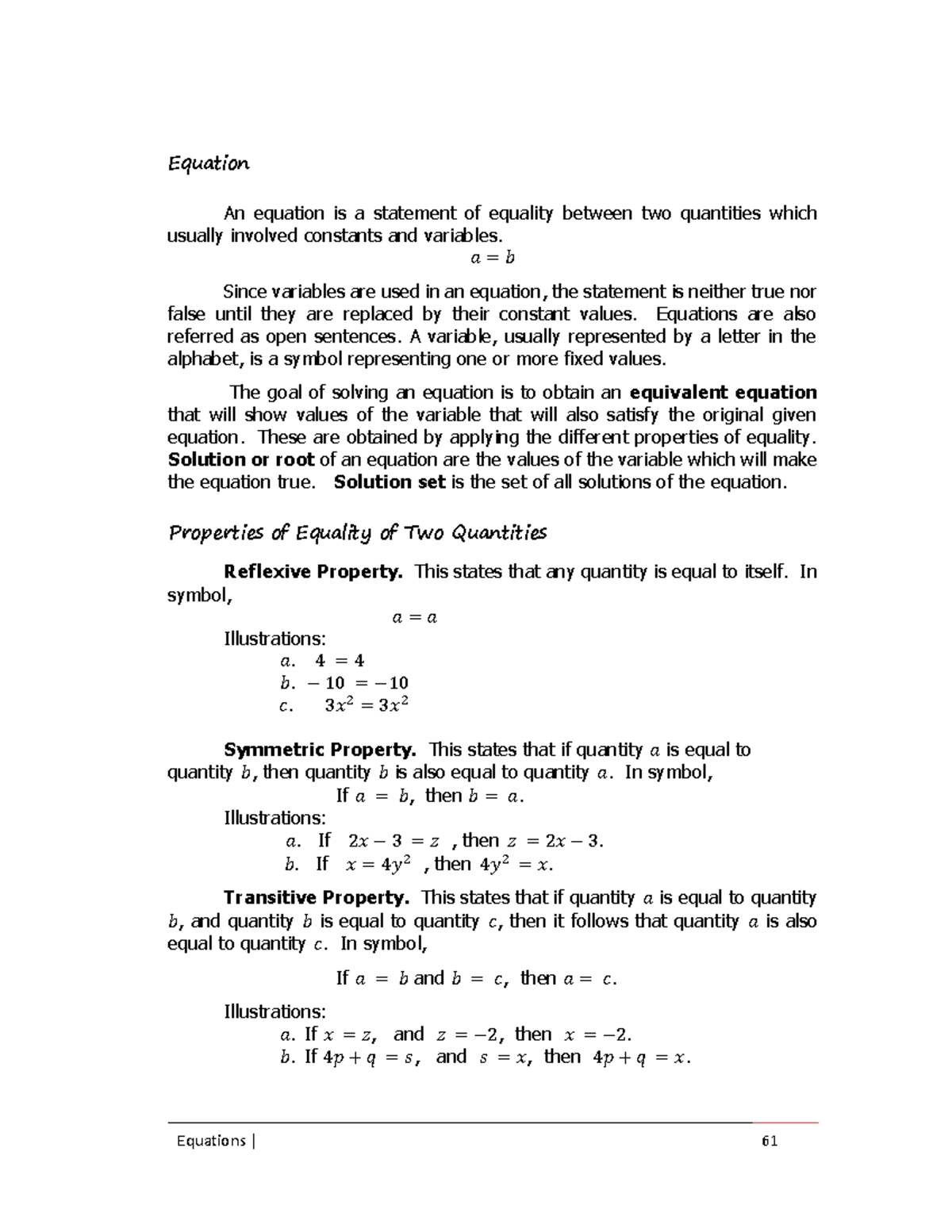 UNIT-6-Equations - Equations | 61 Equation An equation is a statement ...