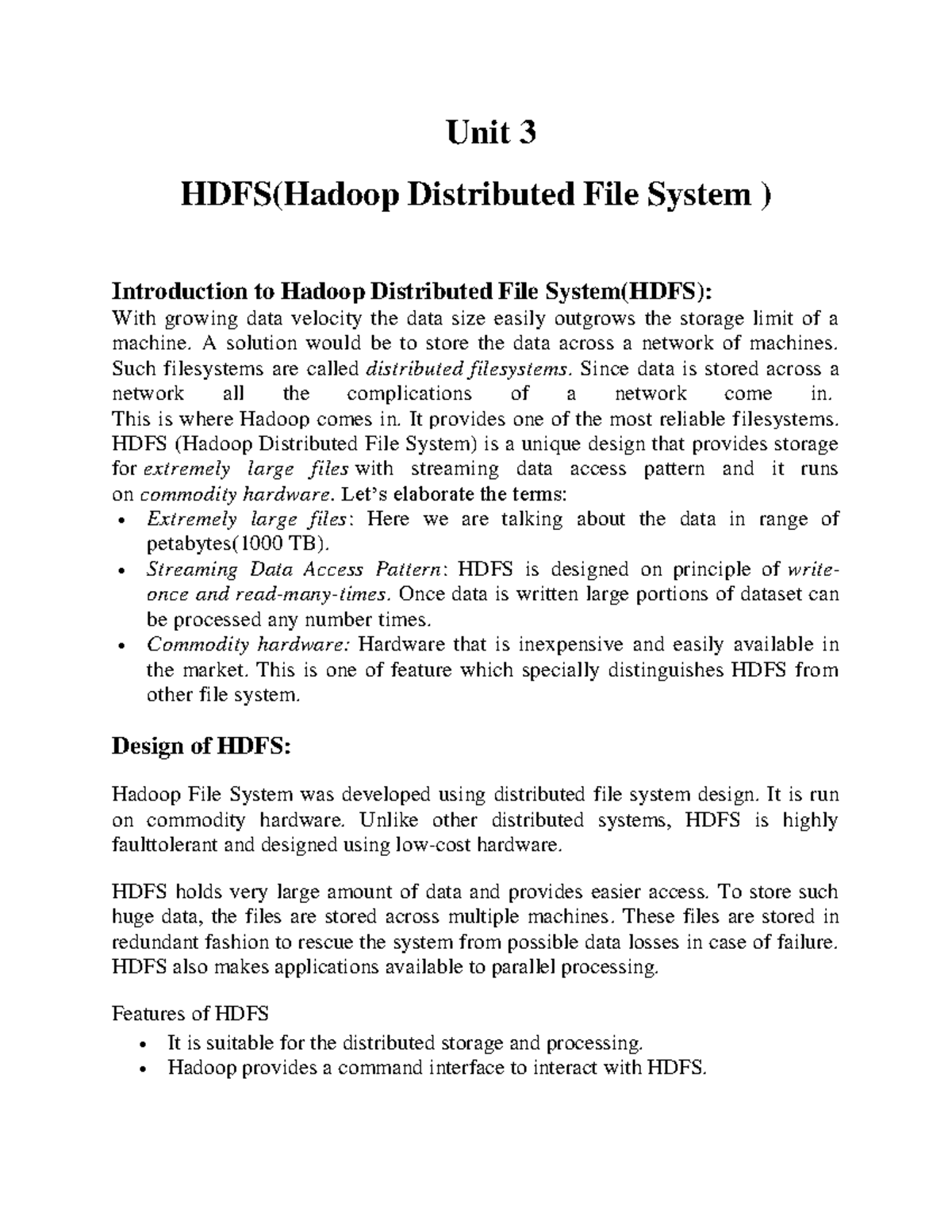 Unit 3 Big Data 240516 090400 - Unit 3 HDFS(Hadoop Distributed File System ) Introduction to ...