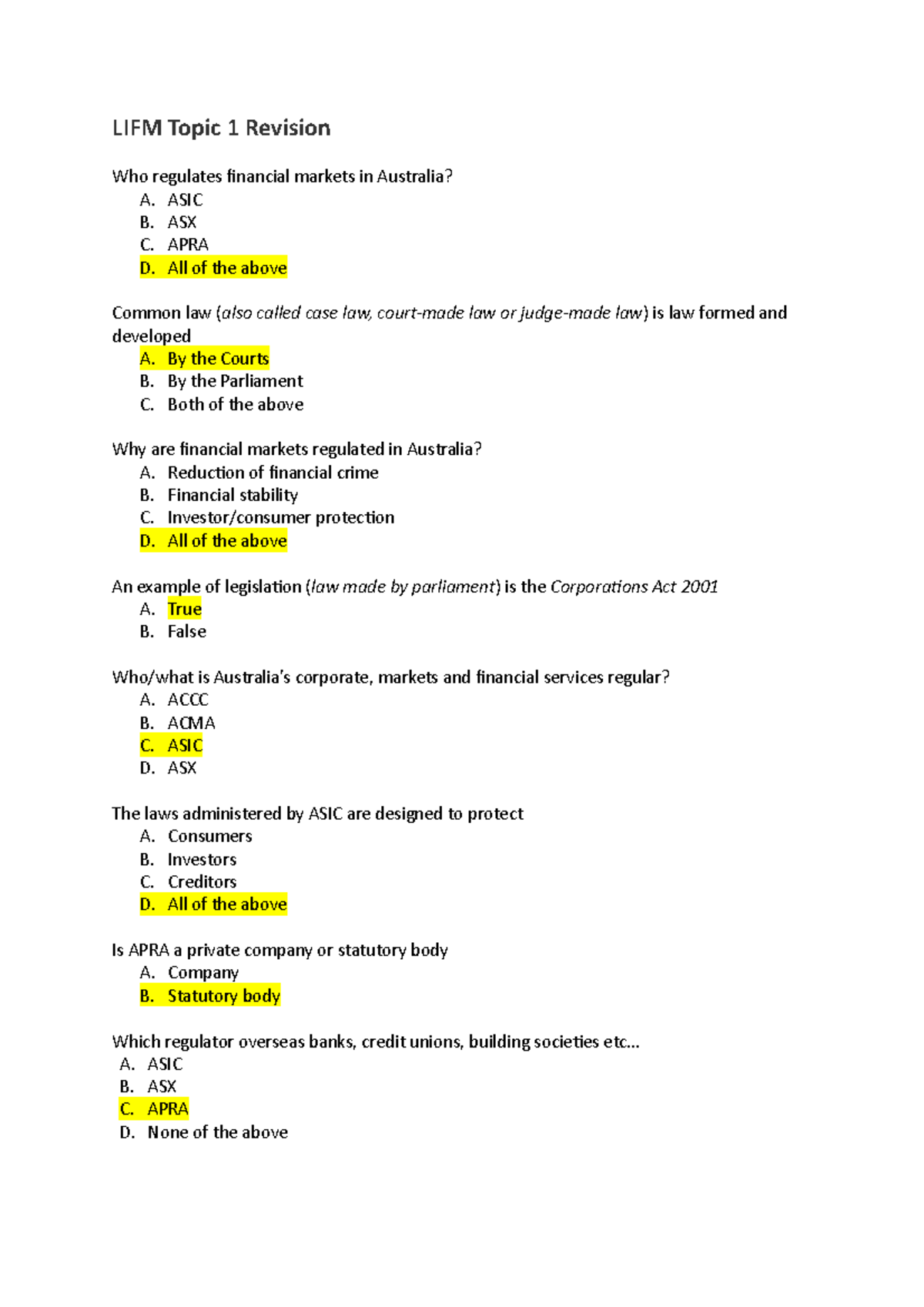 LIFM Topic 1-4 Revision - LIFM Topic 1 Revision Who regulates financial ...