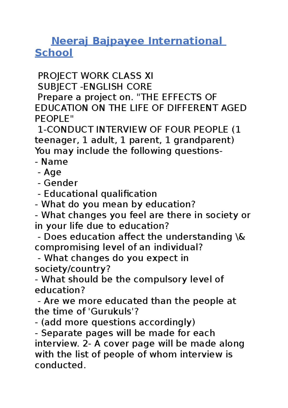 English Project class XI - Neeraj Bajpayee International School PROJECT ...