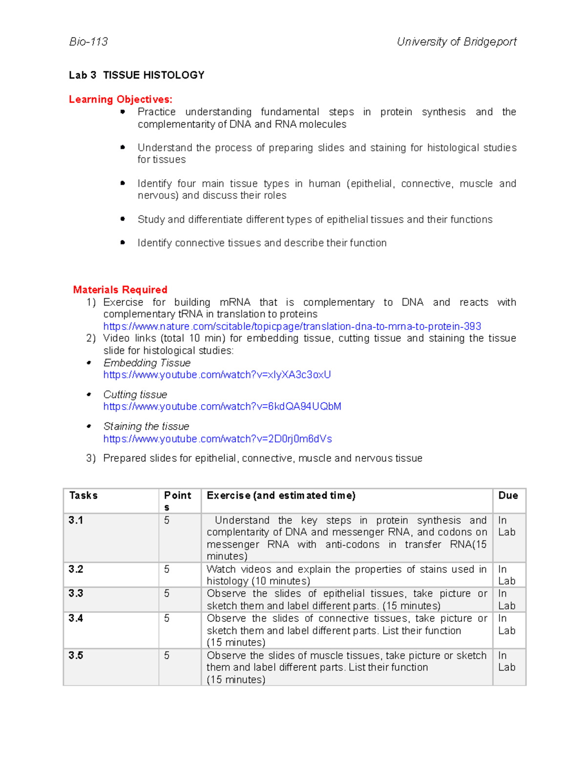 Bio lab 3- Histology - Lab 3 TISSUE HISTOLOGY Learning Objectives ...