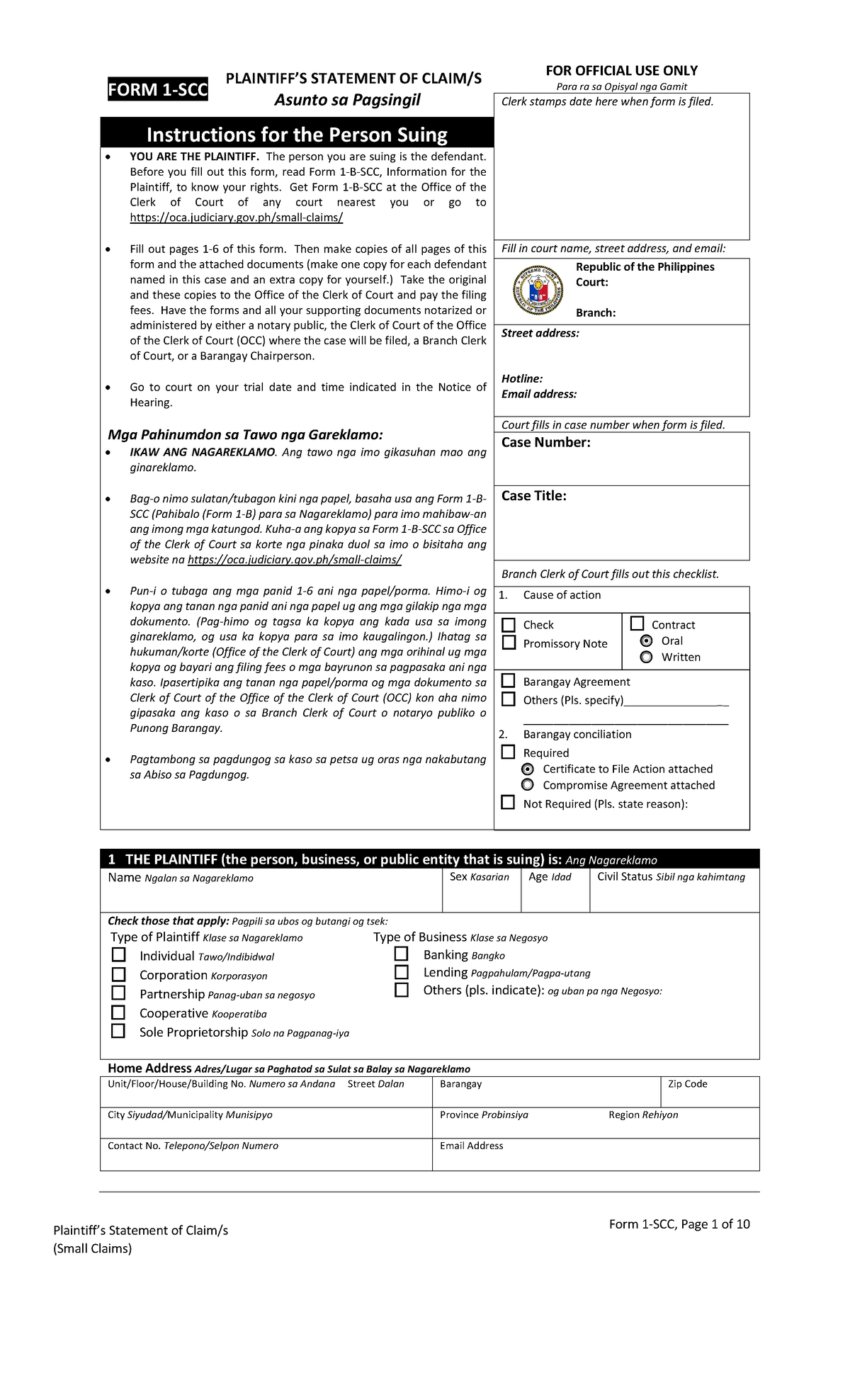 FORM-01- SCC-Bisaya-Statement-of-Claim - Form 1 ‐SCC, Page 1 of 10 ...