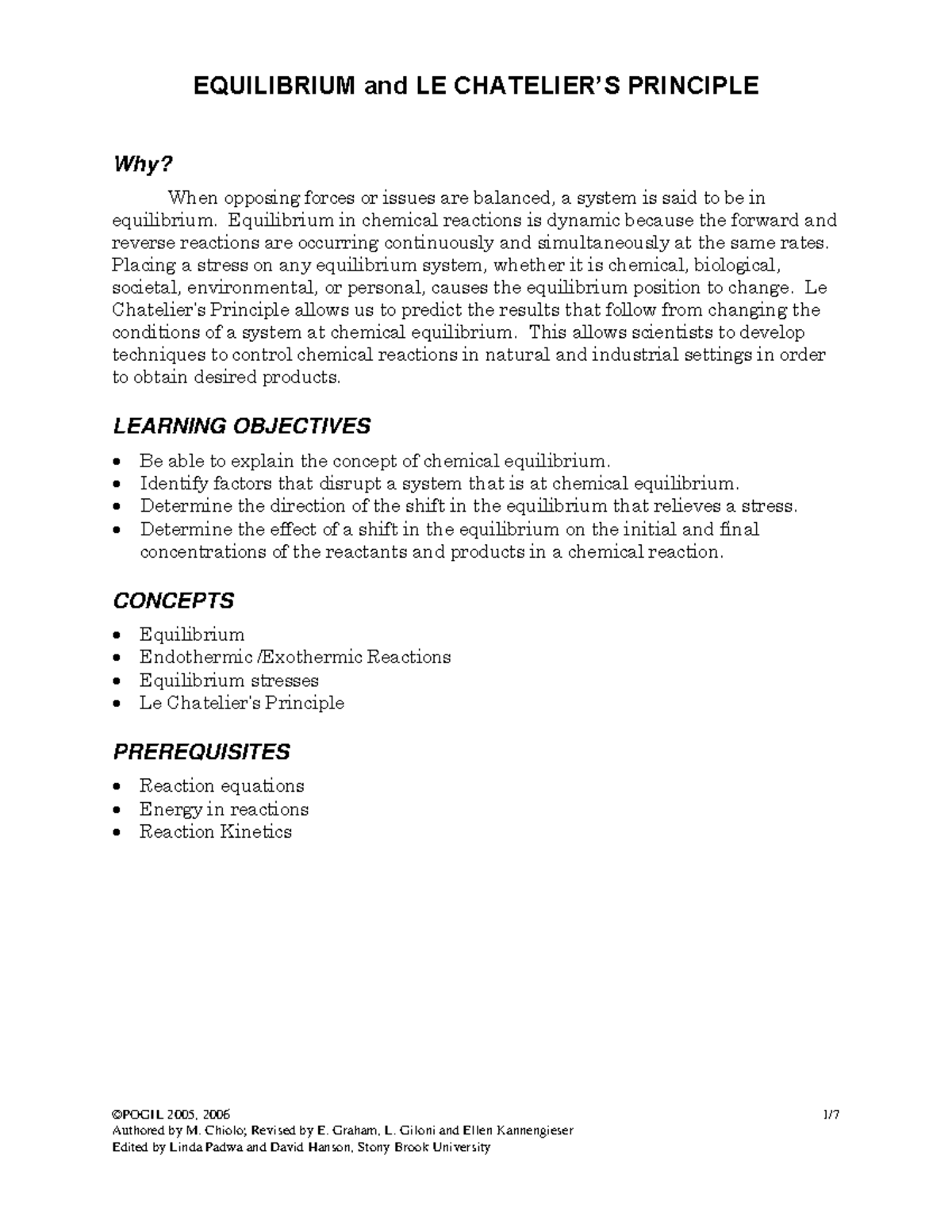 Equilibrium and le chatelier s principle - ©POGIL 2005, 2006 1 ...