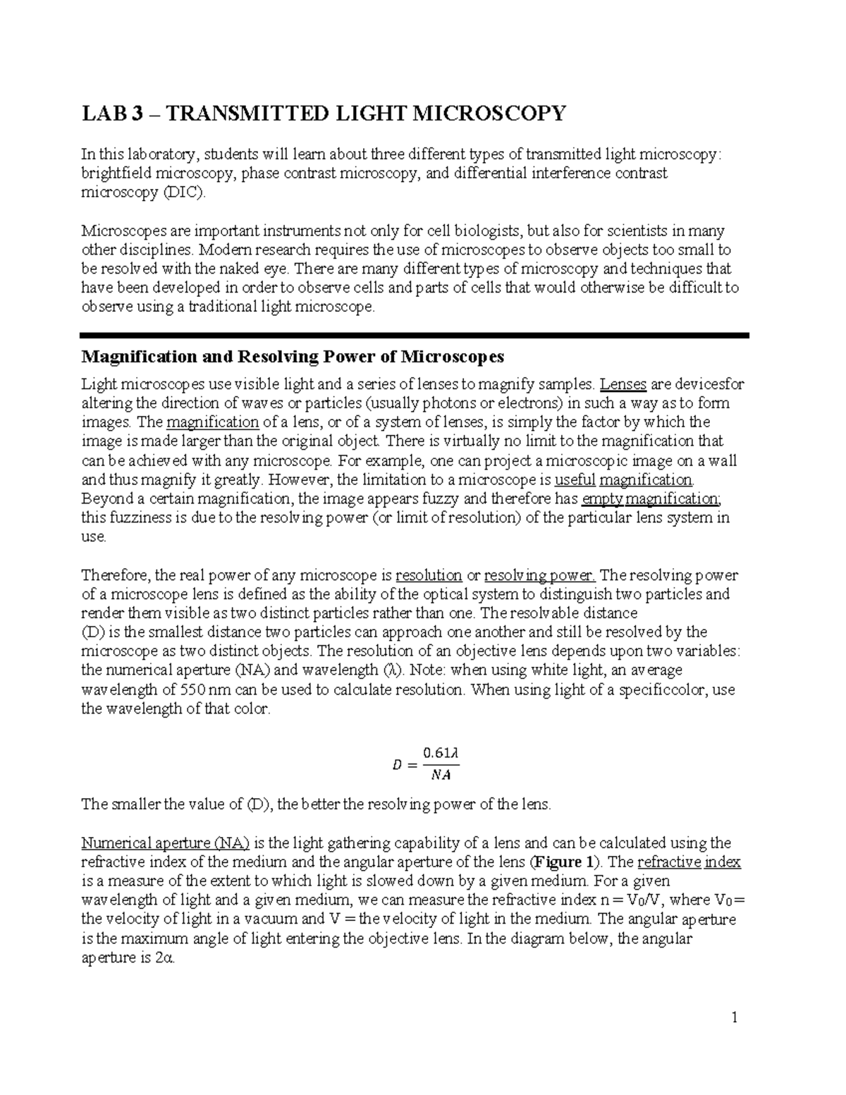 Bio12 Fa23 Lab 3-Light Microscopy Manual - LAB 3 – TRANSMITTED LIGHT ...