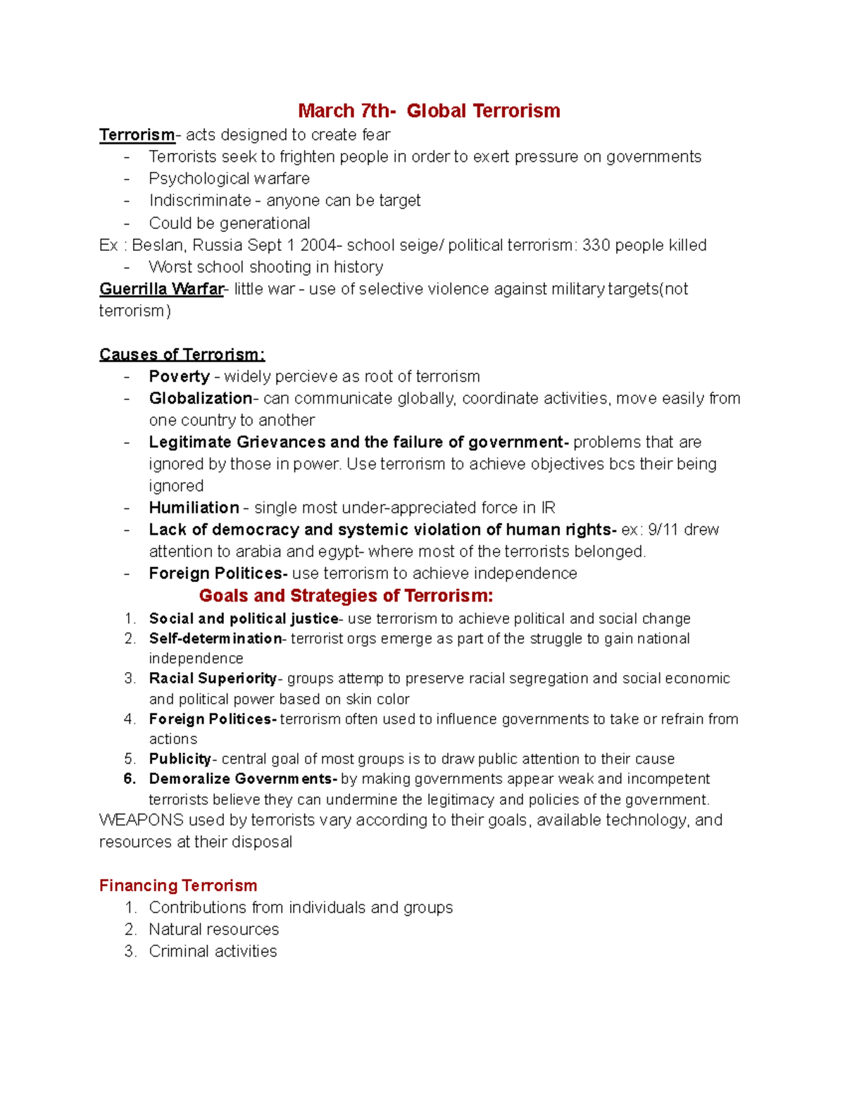 Posc 200 notes - March 7th- Global Terrorism Terrorism- acts designed ...