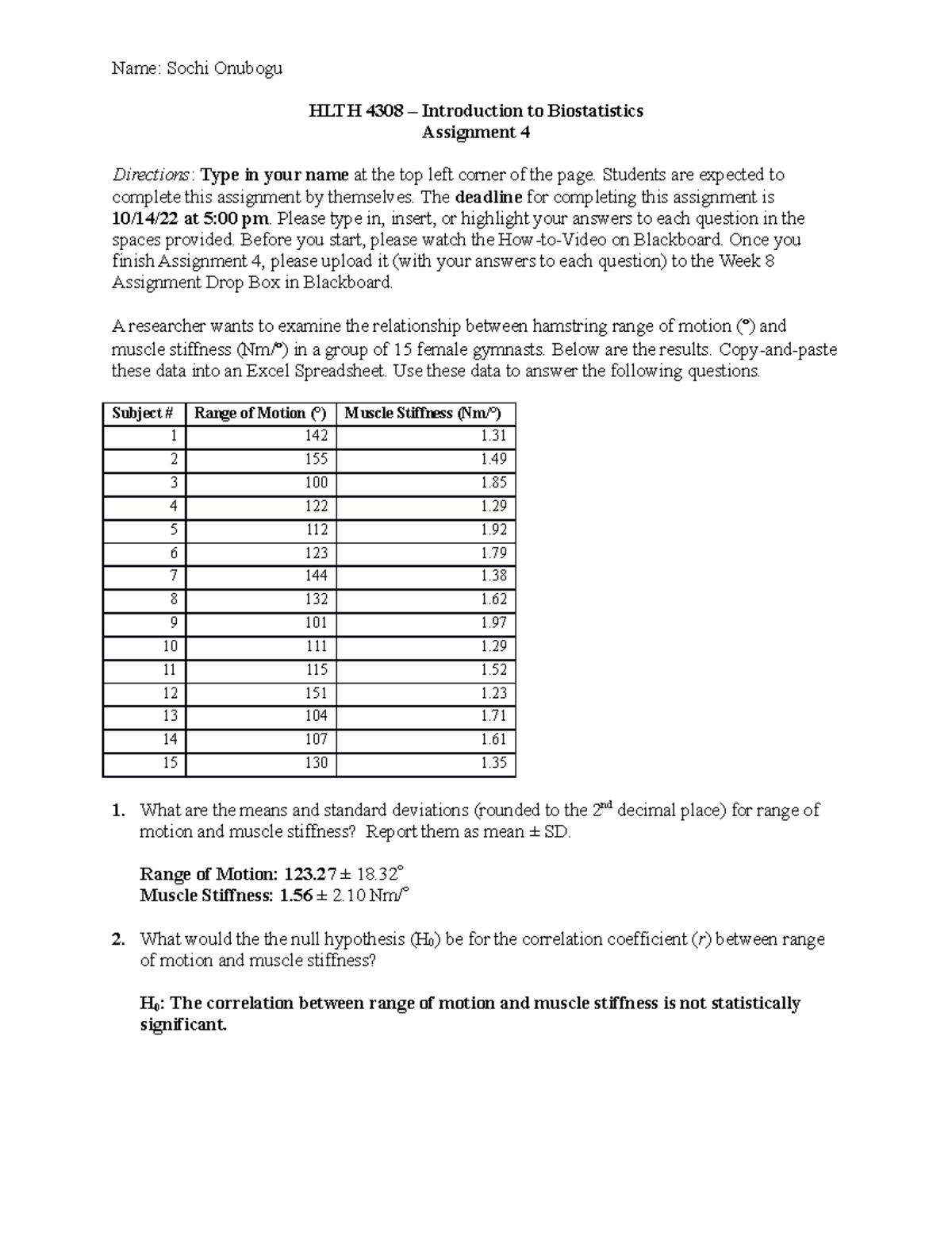 Assignment 4 Student - Biostatistics homework - Name: Sochi Onubogu HLTH 4308 – Introduction to ...