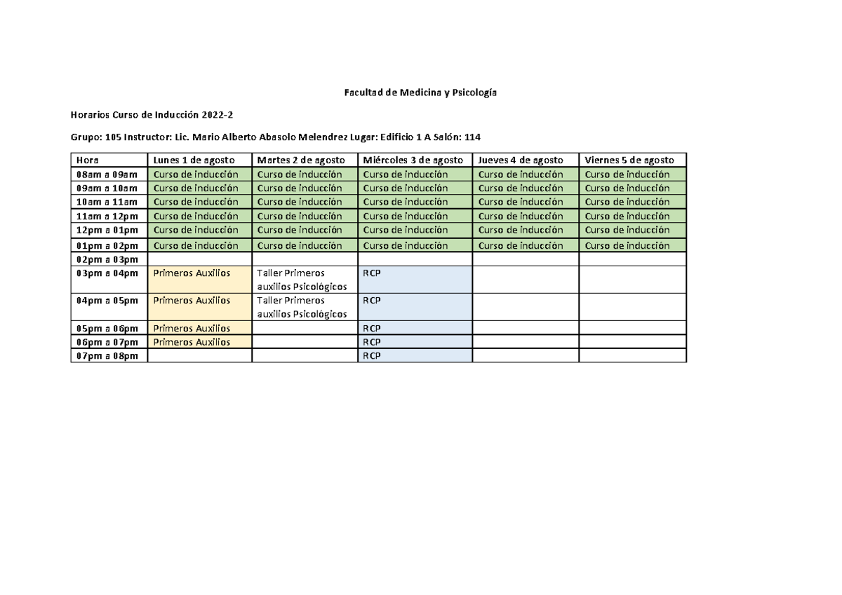 Horario curso induccion uabc - Facultad de Medicina y PsicologÌa ...