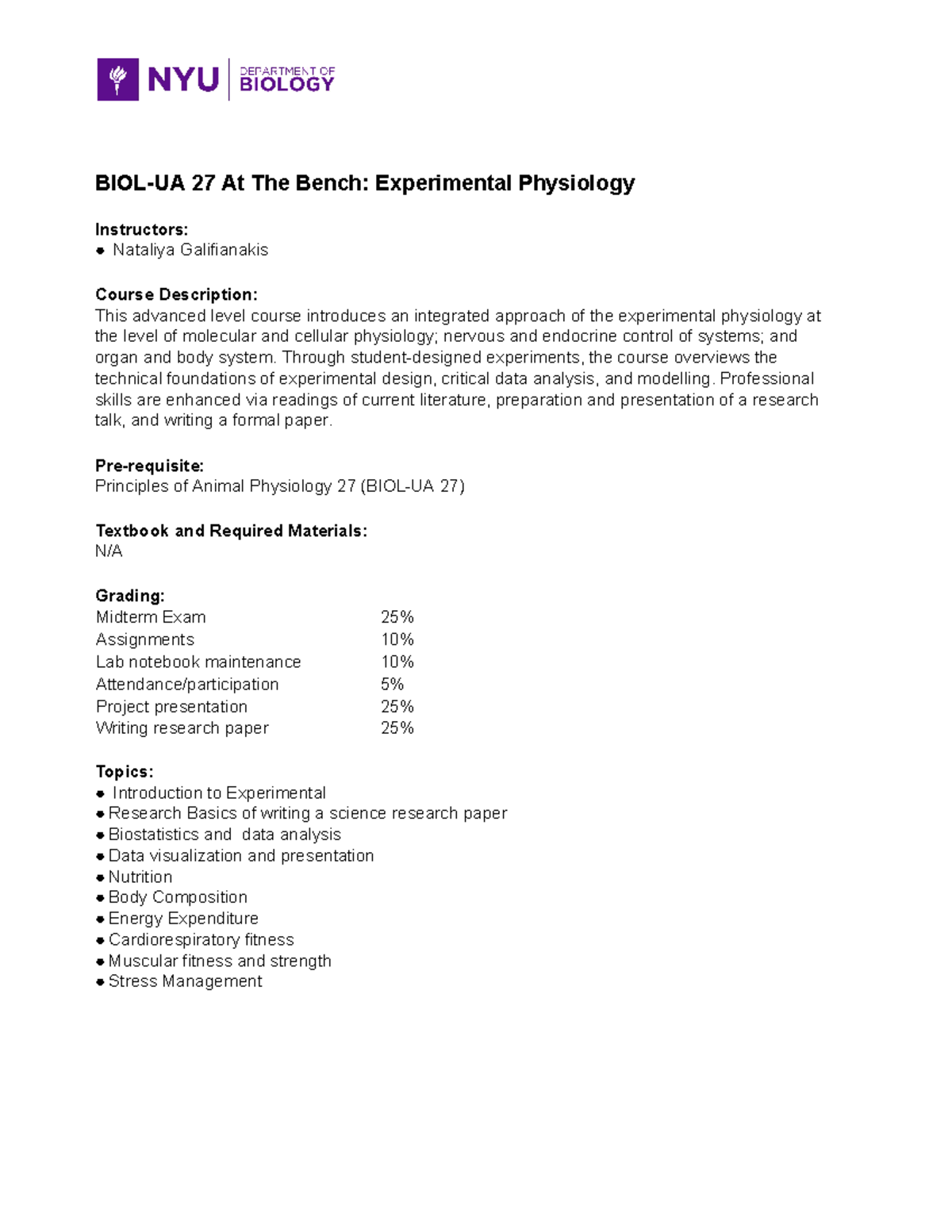 BIOL-UA27-v202202 - Syllabus - BIOL-UA 27 At The Bench: Experimental ...