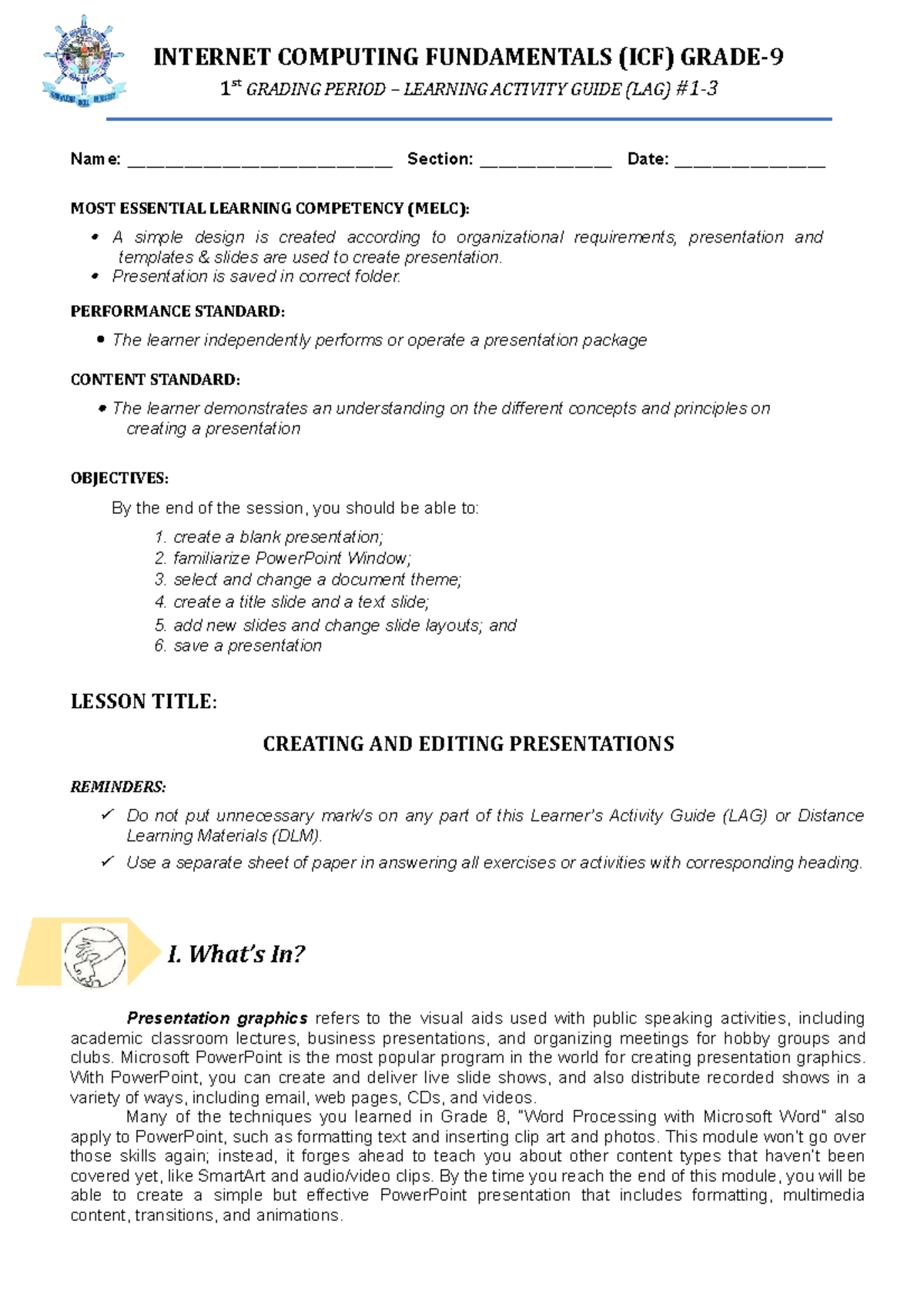1st GP - ICF 9 - LAG#1-3 - MELC 1-2 - Creating AND Editing Presentations - INTERNET COMPUTING ...