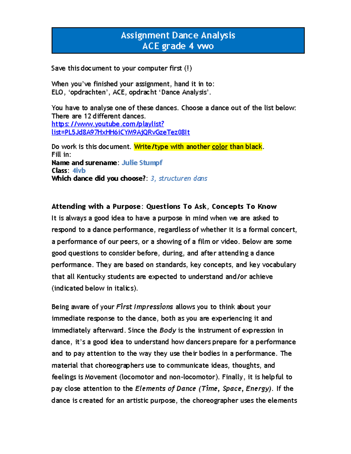 Assignment Dance ACE year 4 Julie Stumpf - J Save this document to your ...