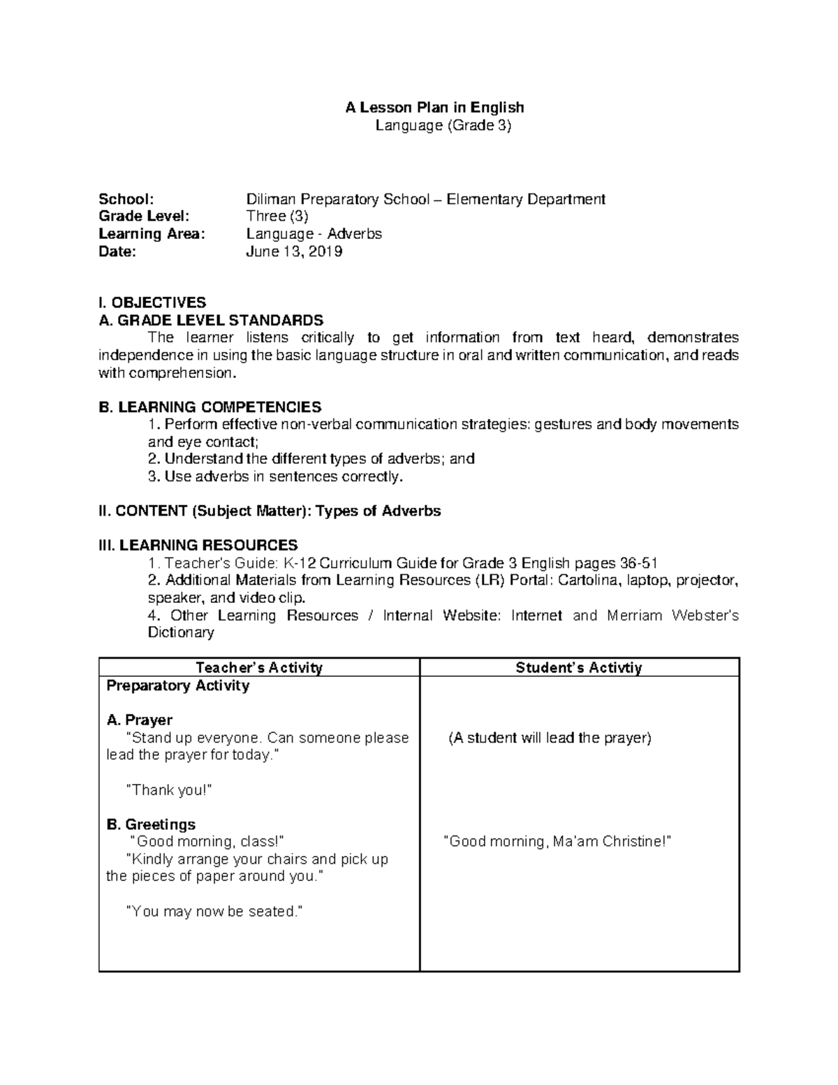 Adverbs and its Types - Grade 3 - A Lesson Plan in English Language ...