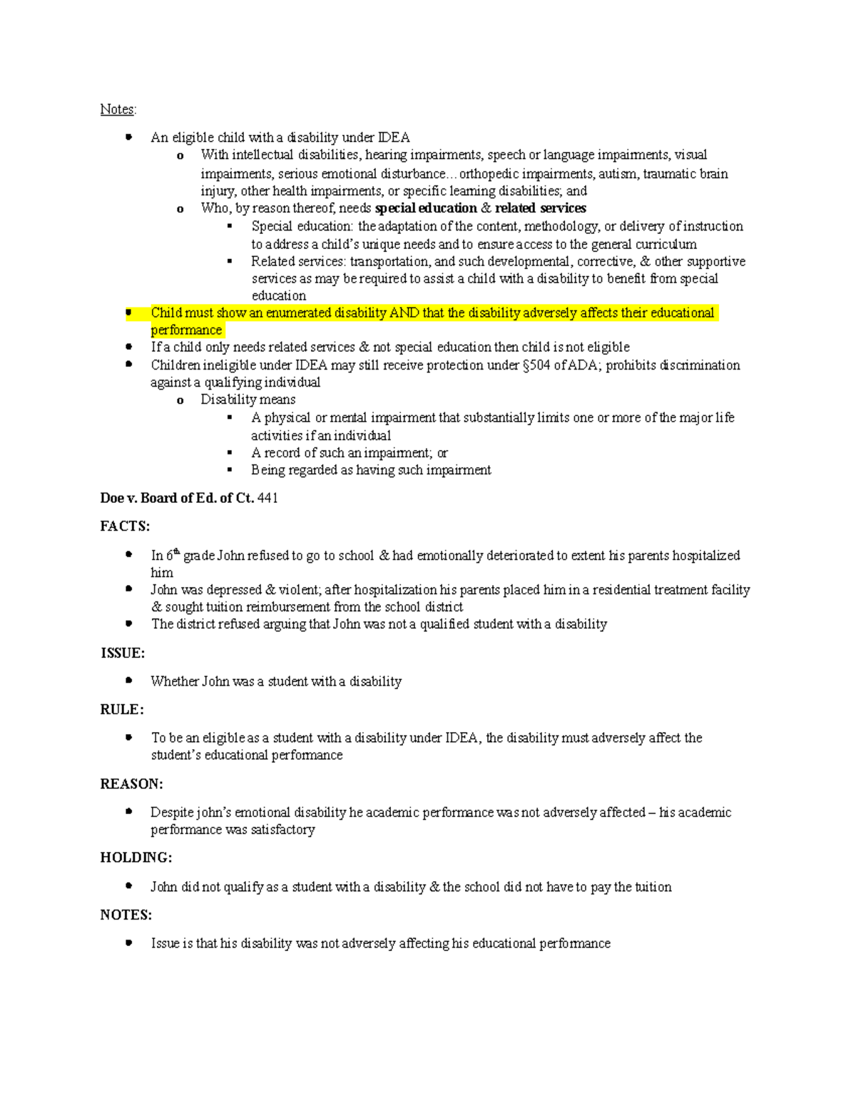 IDEA (11 - Case briefs. - Notes: An eligible child with a disability ...