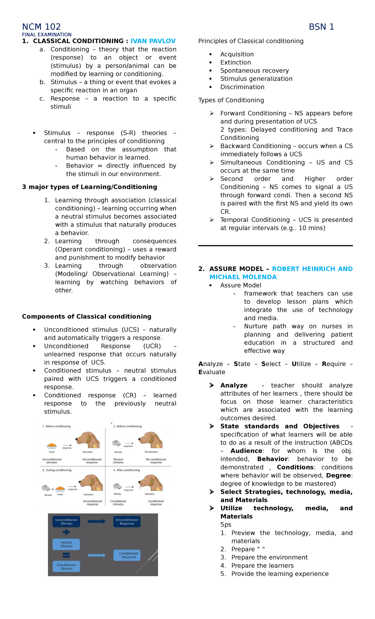 NCM 102 Finals - This might help. - FINAL EXAMINATION CLASSICAL CONDITIONING : IVAN PAVLOV a ...