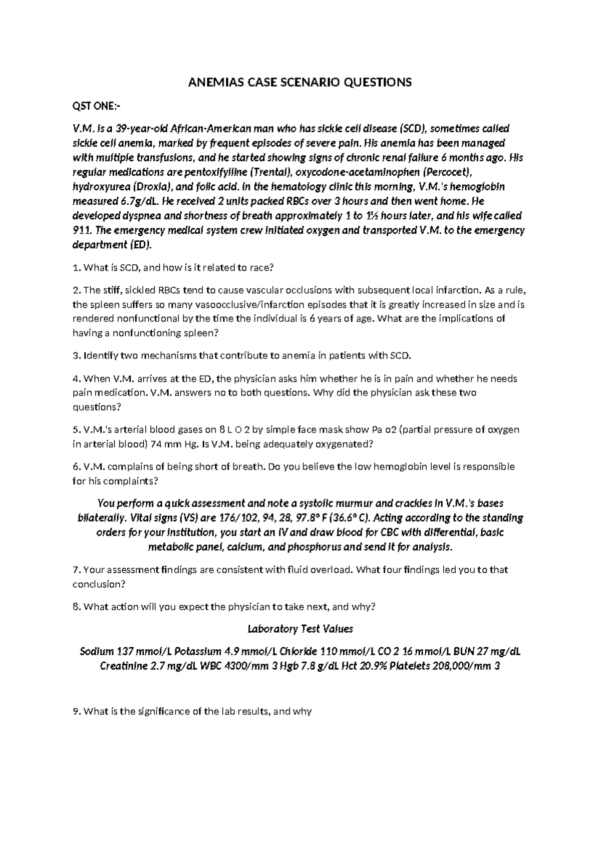 Anemias CASE Scenario Questions - ANEMIAS CASE SCENARIO QUESTIONS QST ...