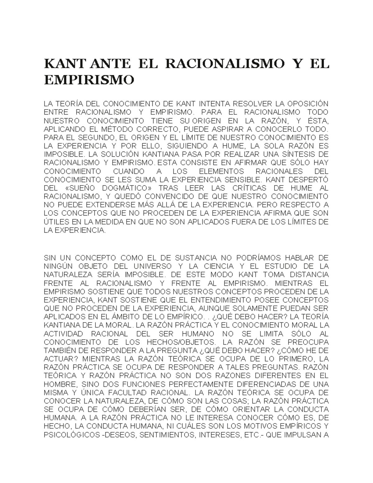 KANT Superacion DEL Empirismo Y EL Racionalismo - KANT ANTE EL ...