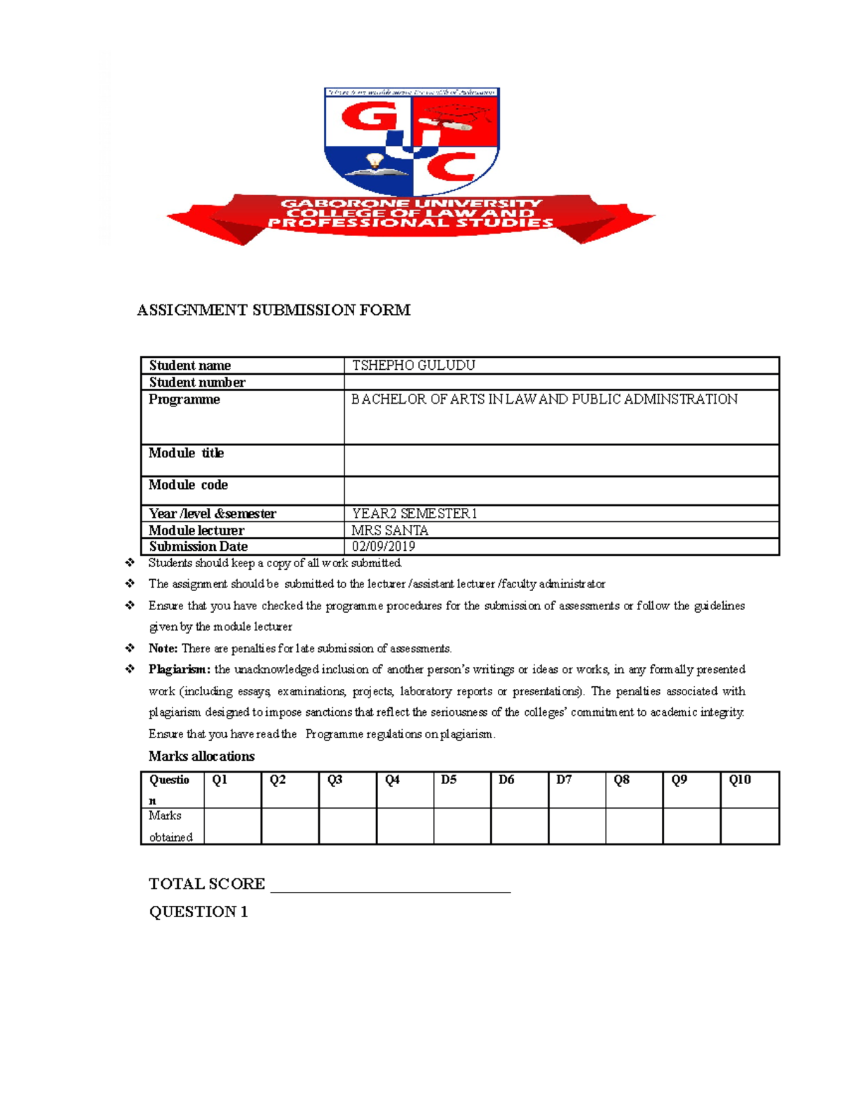 Baeb - assignment - ASSIGNMENT SUBMISSION FORM Student name TSHEPHO ...