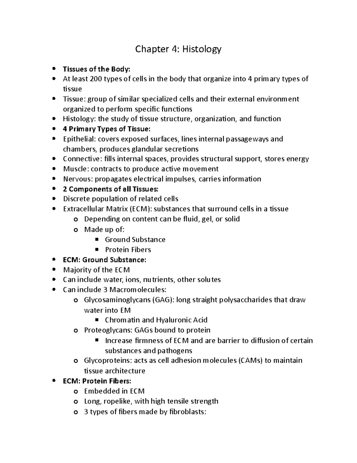Chapter 4-Histology Notes - BIOS 1113 - Hocking College - Studocu