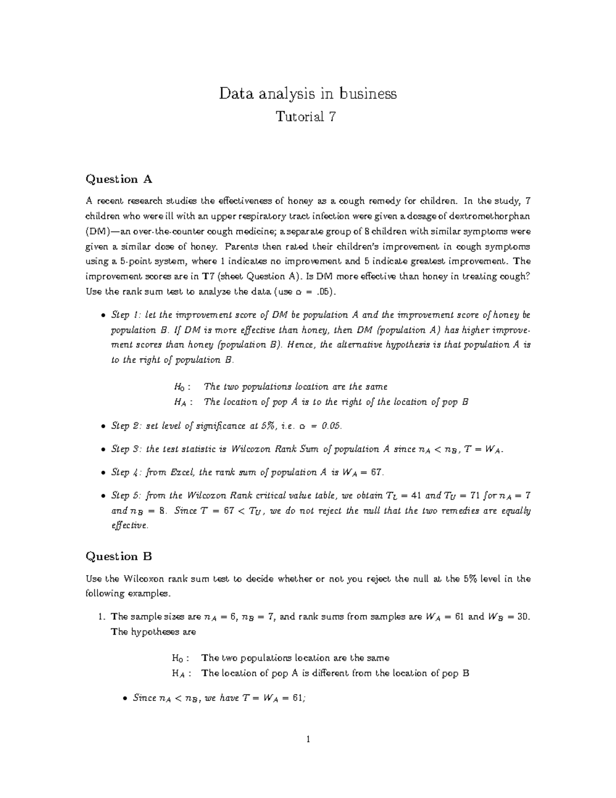 T7 solution - Data analysis in business Tutorial 7 Question A A recent ...