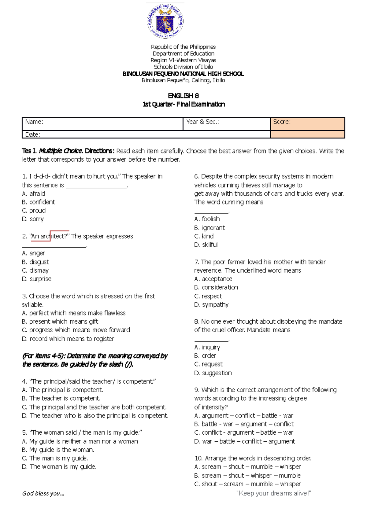 English 8-Final Exam - Department of Education Region VI-Western ...