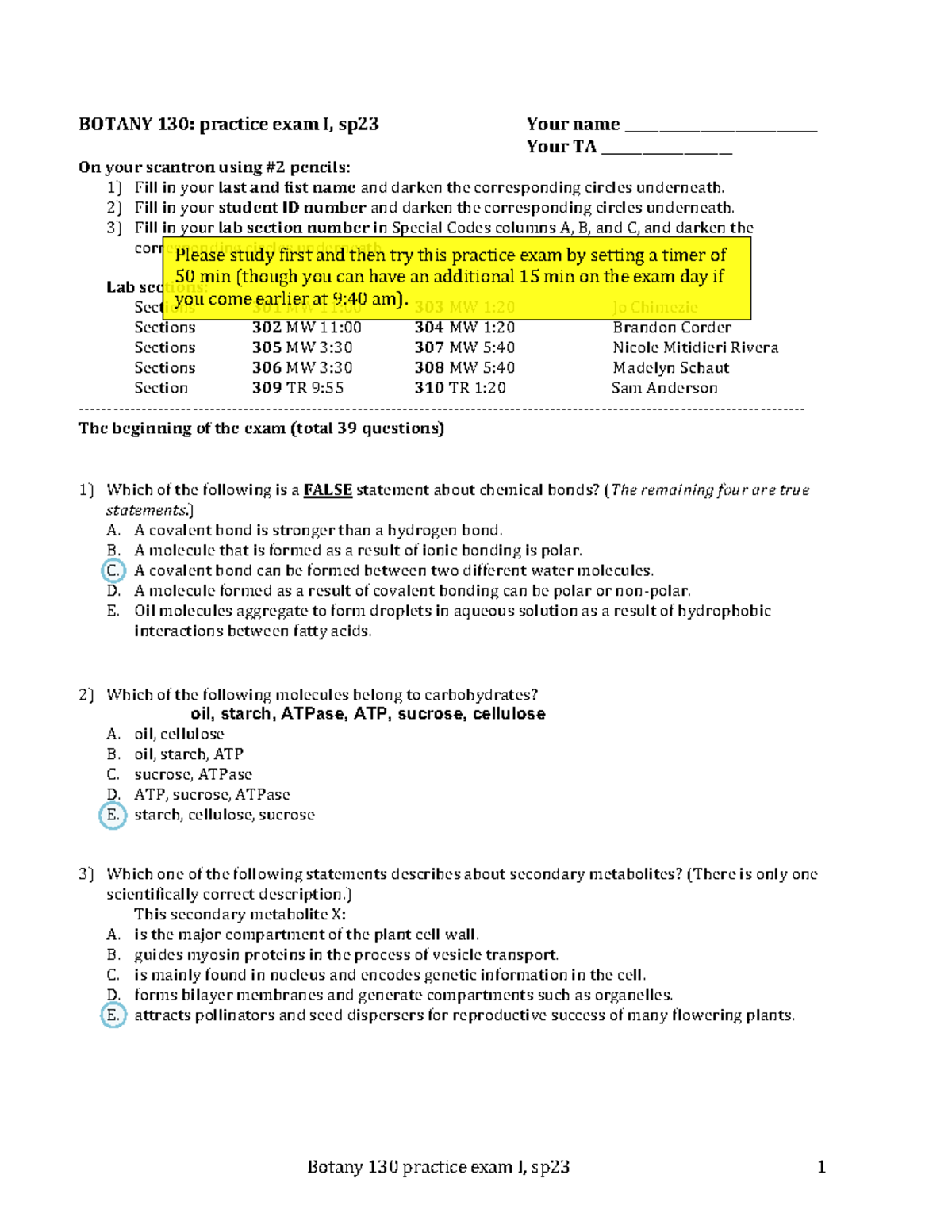 Midterm 1 - BOTANY 130: practice exam I, sp23 Your name ...