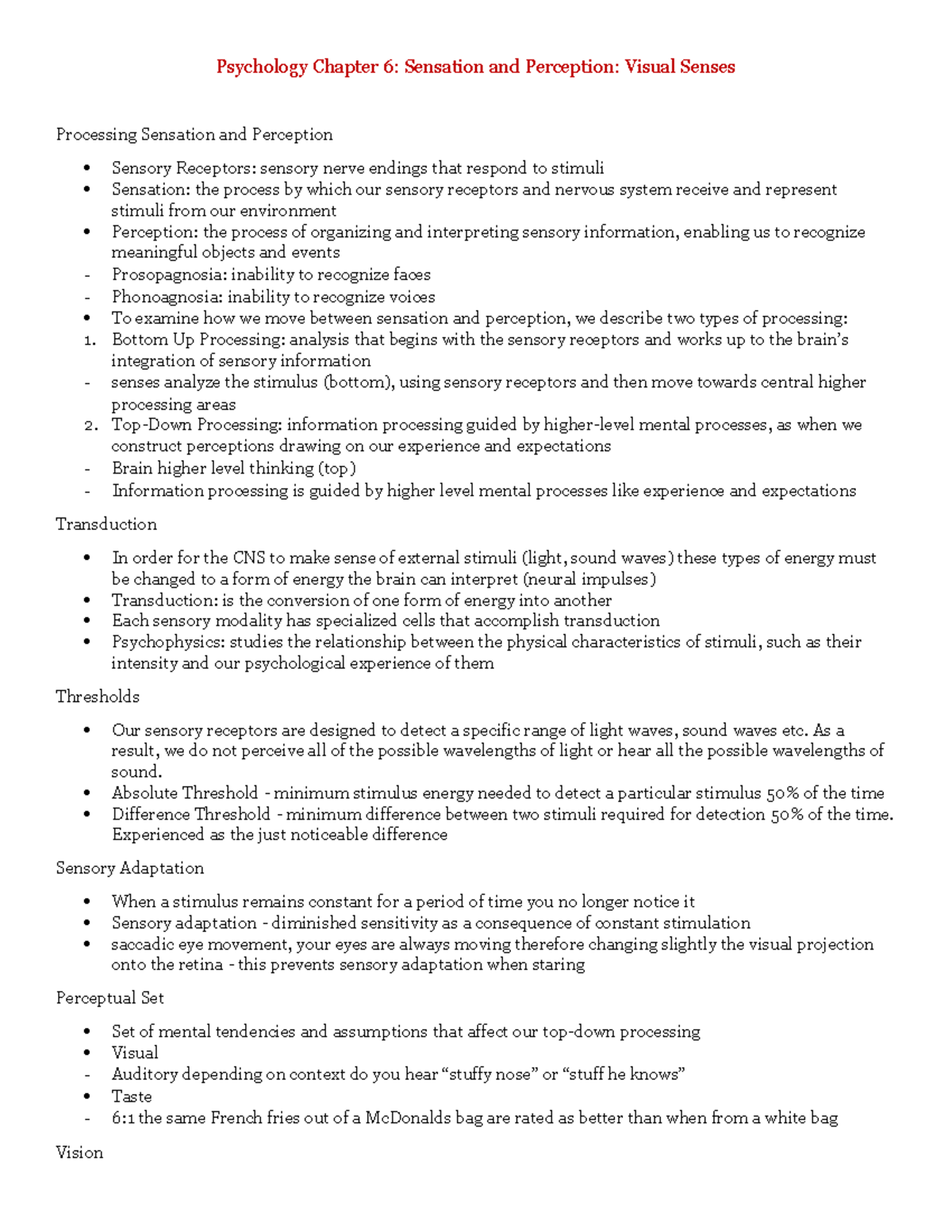 Psych Chapter 6 vision - Lecture notes 1 - Psychology Chapter 6 ...