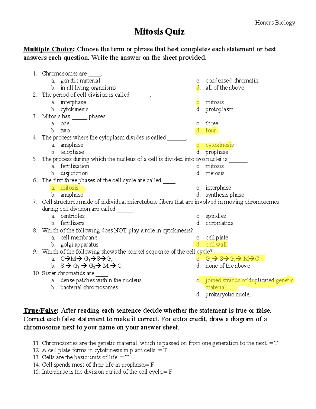 7.07Mitosis Quiz - Practice questions - Honors Biology Mitosis Quiz ...