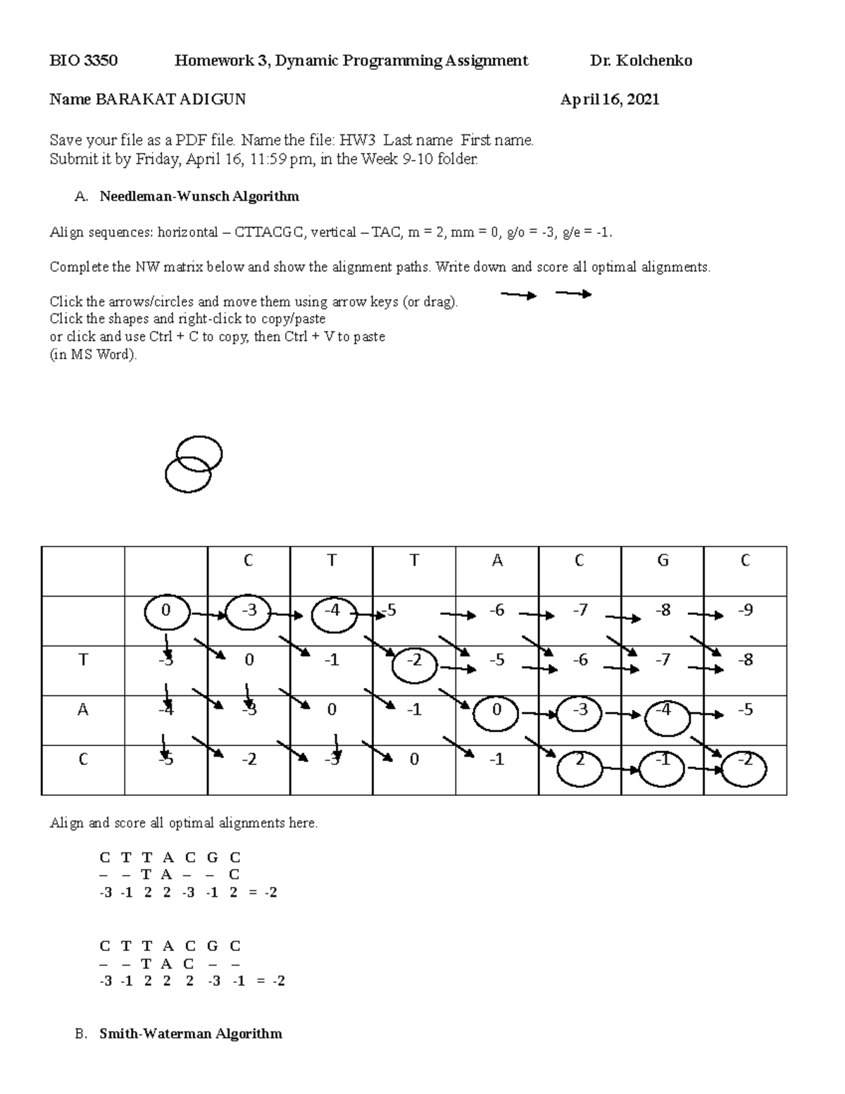 HW3 Adigun Barakat - prof k - BIO 3350 Homework 3, Dynamic Programming ...